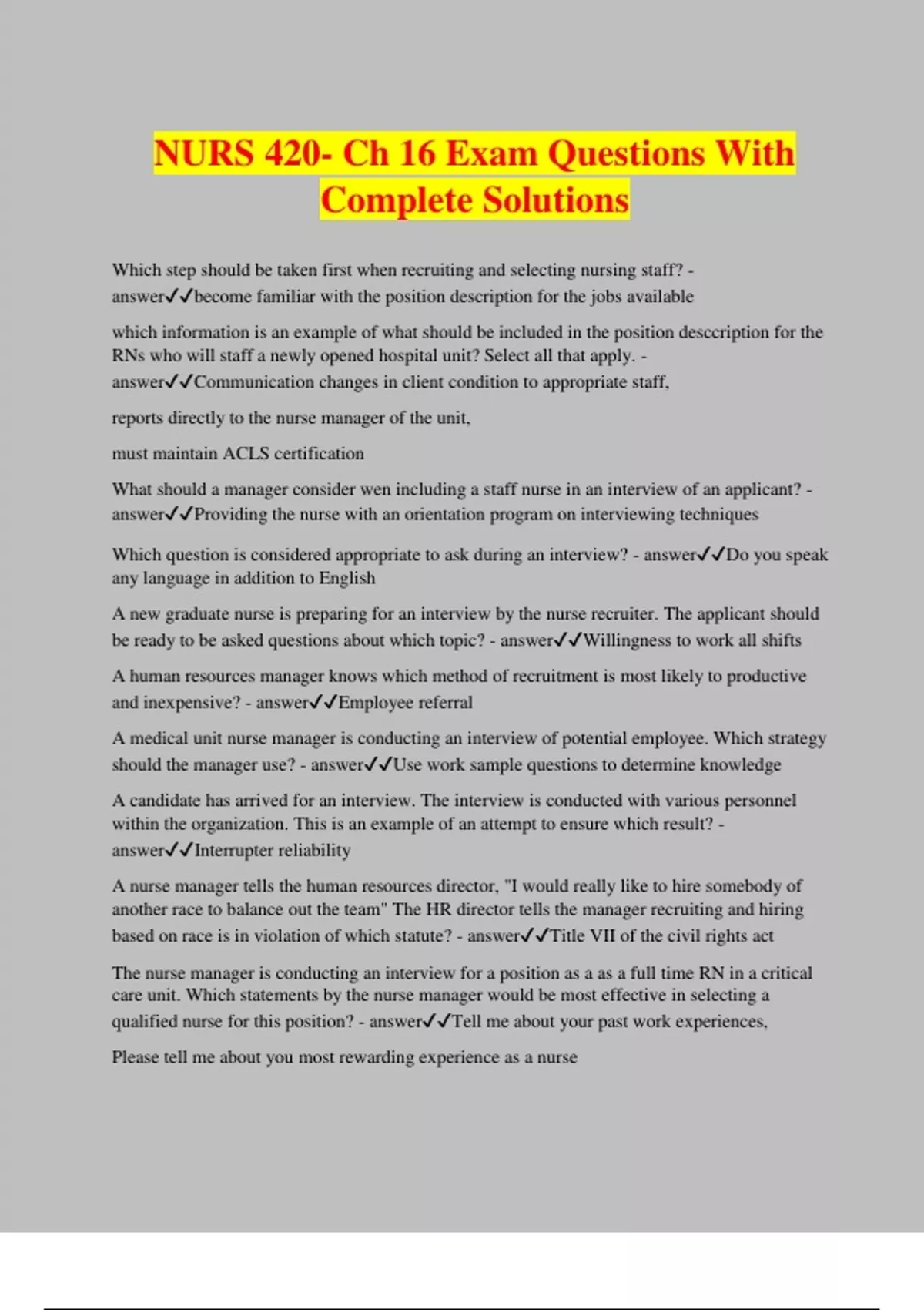 NURS 420- Ch 16 Exam Questions With Complete Solutions - NURS 420 ...