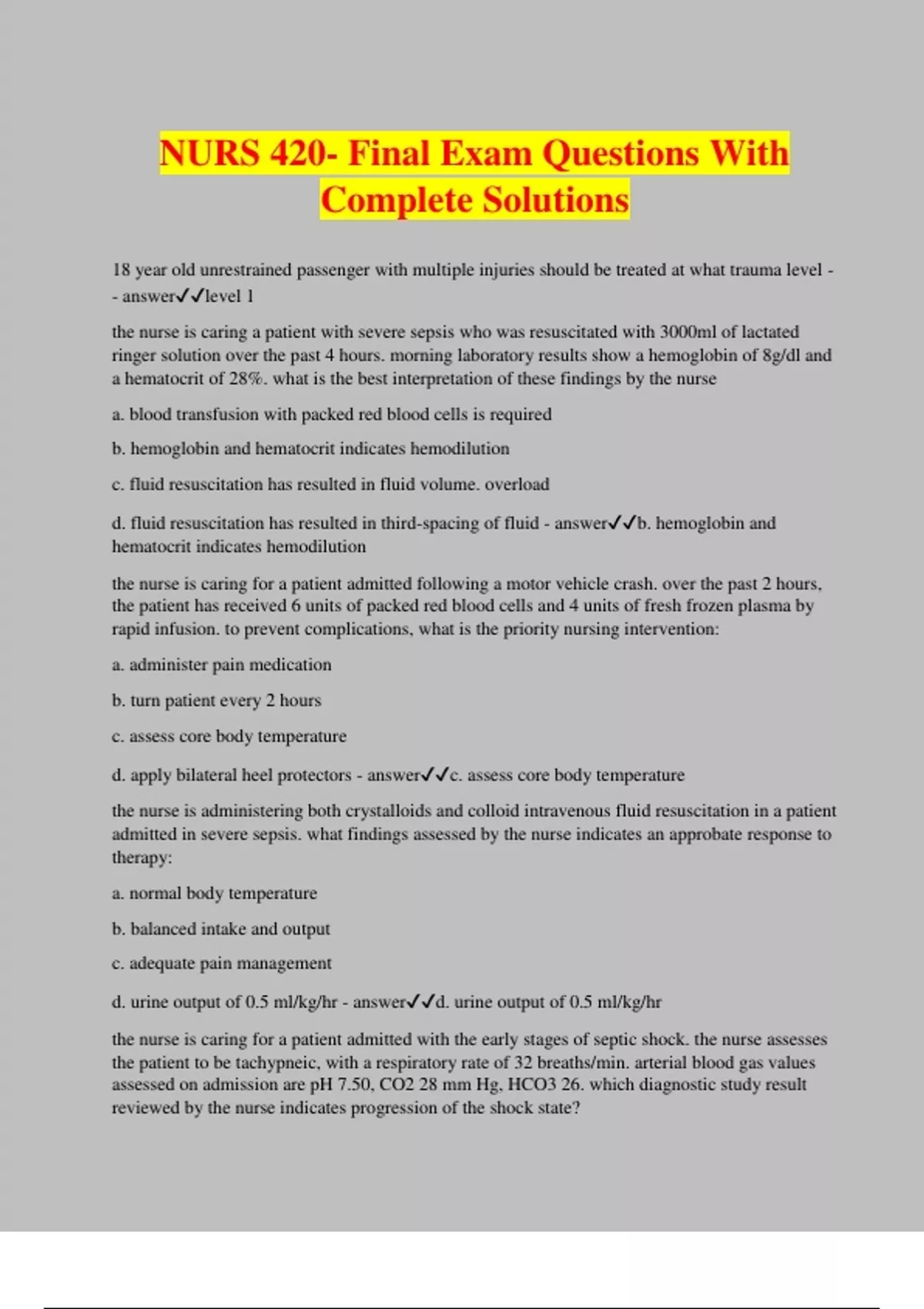 NURS 420- Final Exam Questions With Complete Solutions - NURS 420 ...
