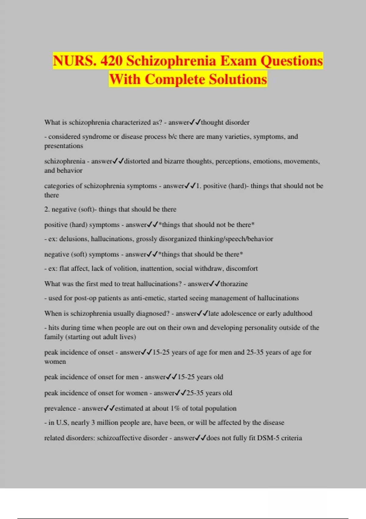 NURS. 420 Schizophrenia Exam Questions With Complete Solutions - NURS ...