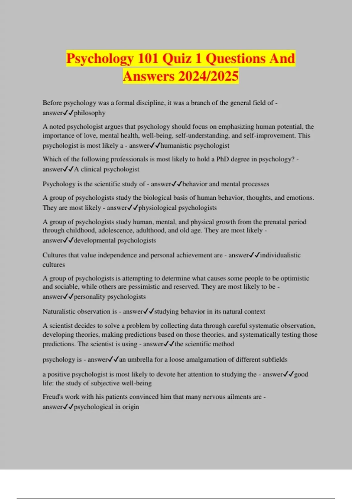 Psychology 101 Quiz 1 Questions And Answers 2024/2025 - Psychology 101 ...