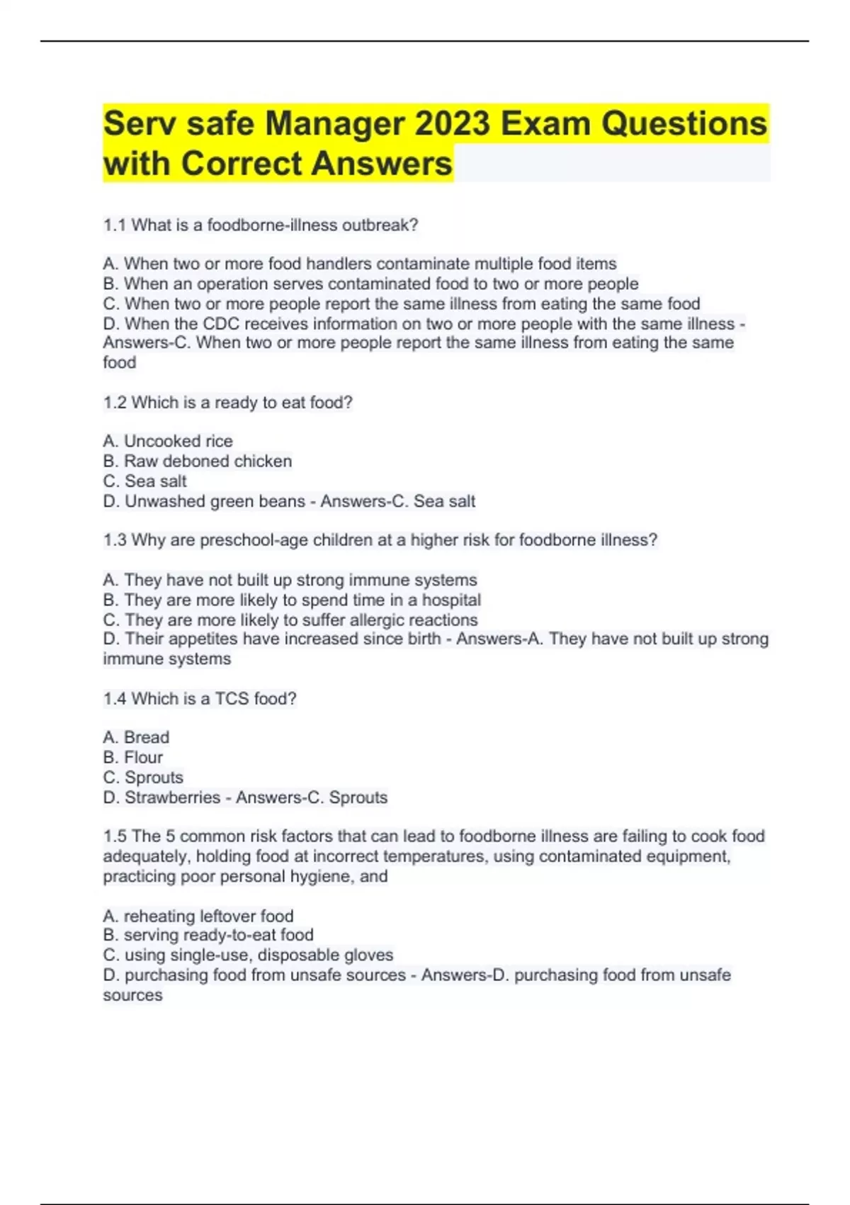 Serv safe Manager 2023 Exam Questions with Correct Answers - SERVSAFE ...