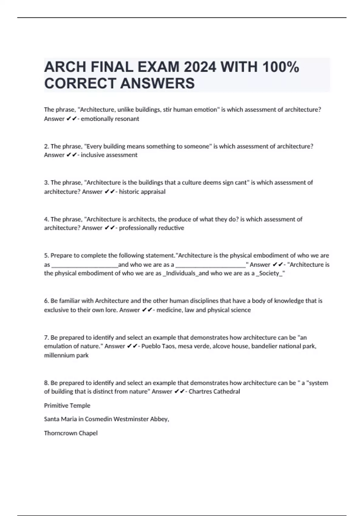 ARCH 150 INTRO TO ARCHITECTURE EXAM 1 2024 WITH 100% CORRECT ANSWERS - ARCH 150 - Stuvia US
