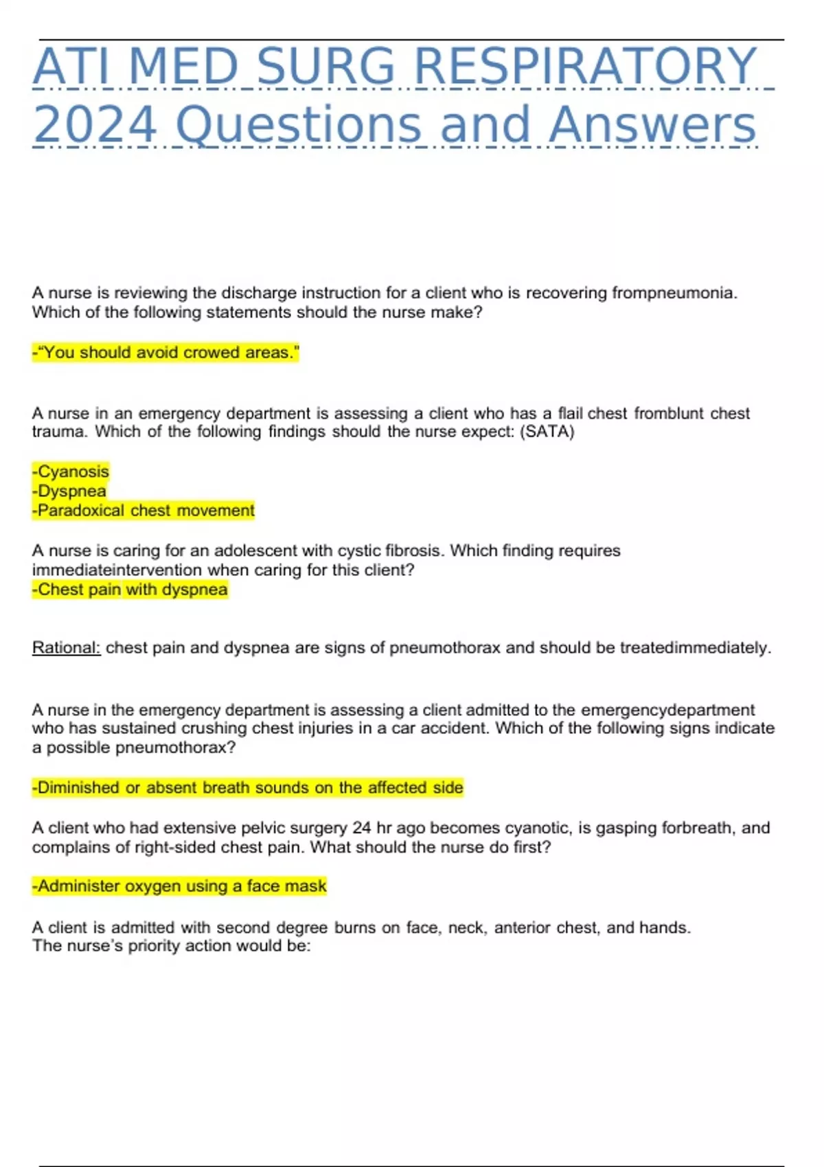 ATI MED SURG RESPIRATORY 2024 Questions and Answers [100% verified ...