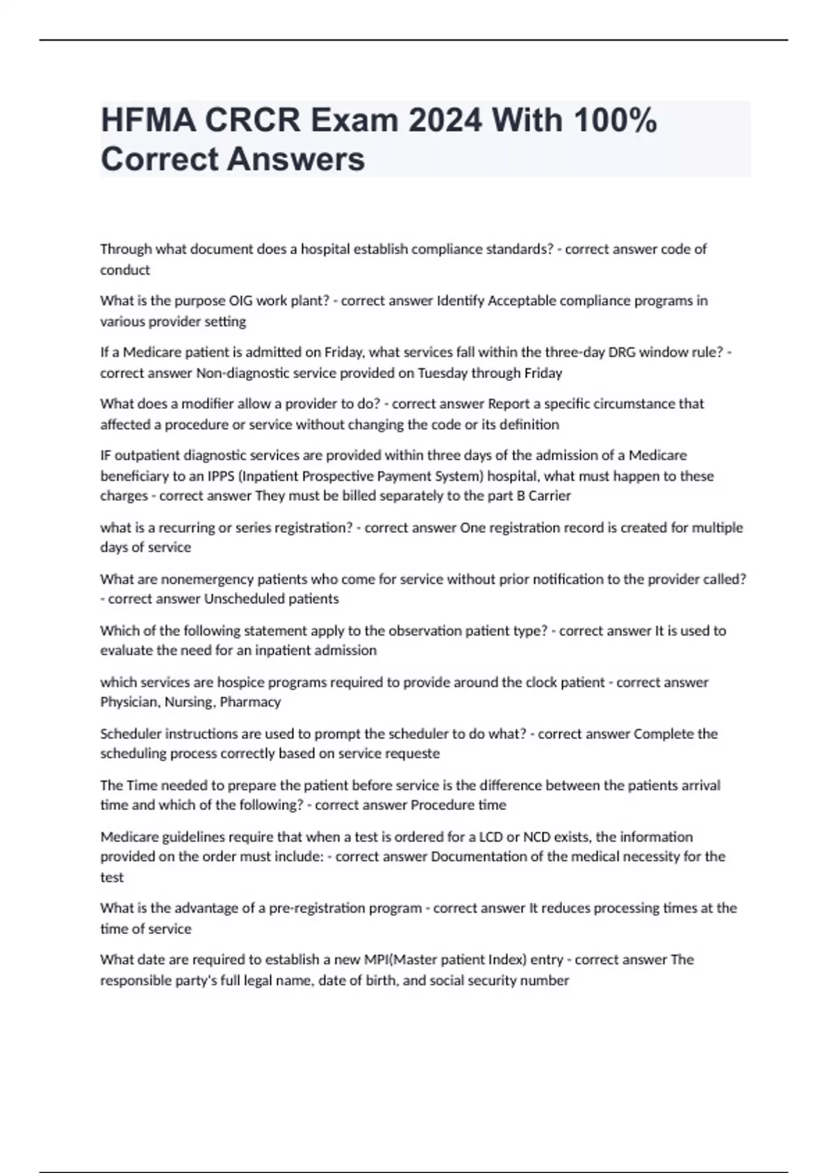 HFMA CRCR Exam 2024 With 100% Correct Answers - HFMA CRCR - Stuvia US