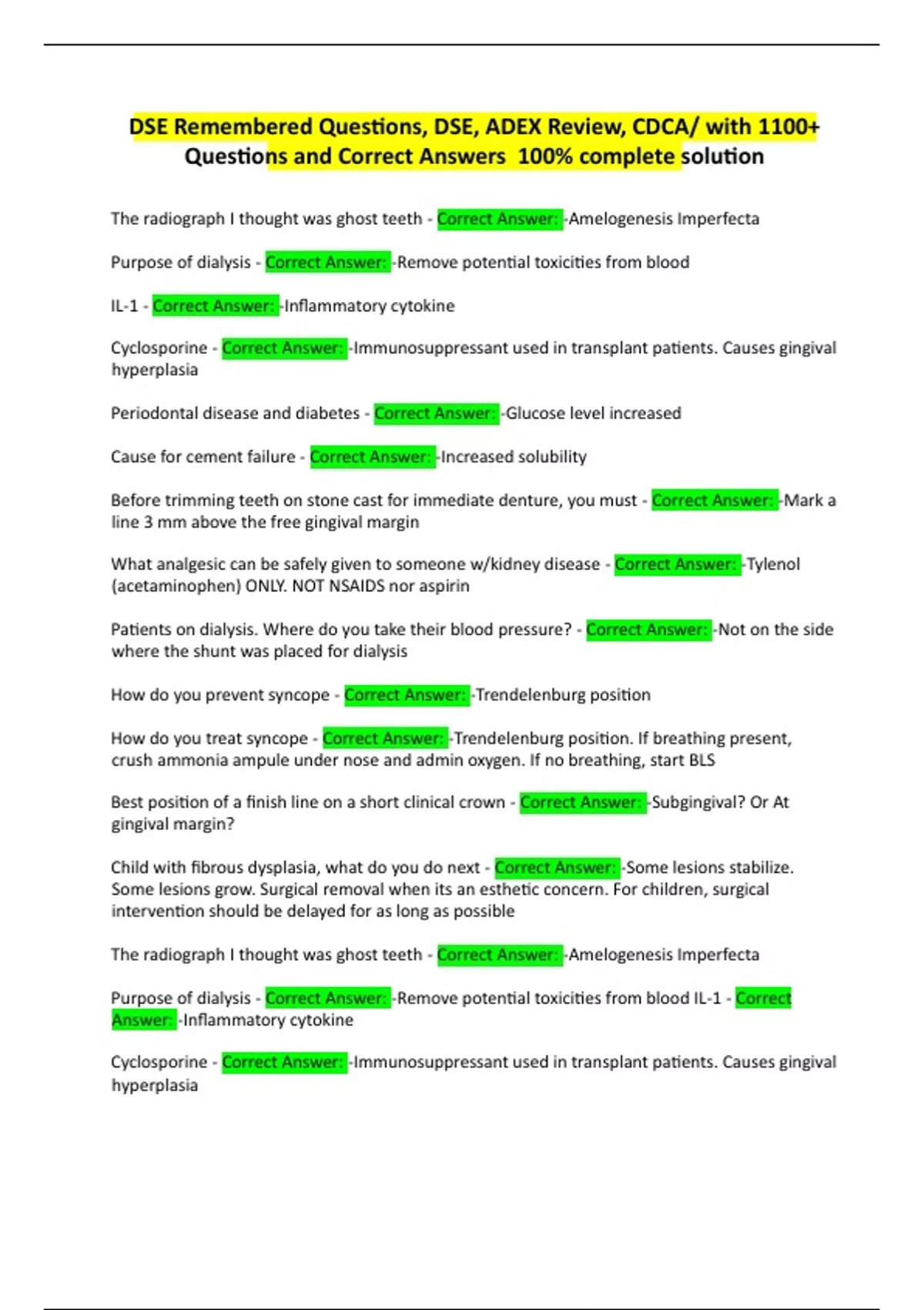 DSE Remembered Questions, DSE, ADEX Review, CDCA with 1100+ Questions and Correct Answers 100% ...