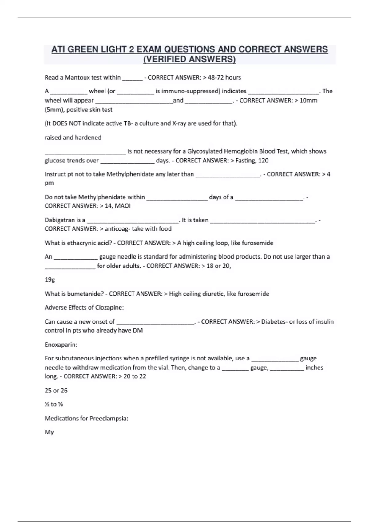 ATI GREEN LIGHT 2 EXAM QUESTIONS AND CORRECT ANSWERS (VERIFIED ANSWERS ...