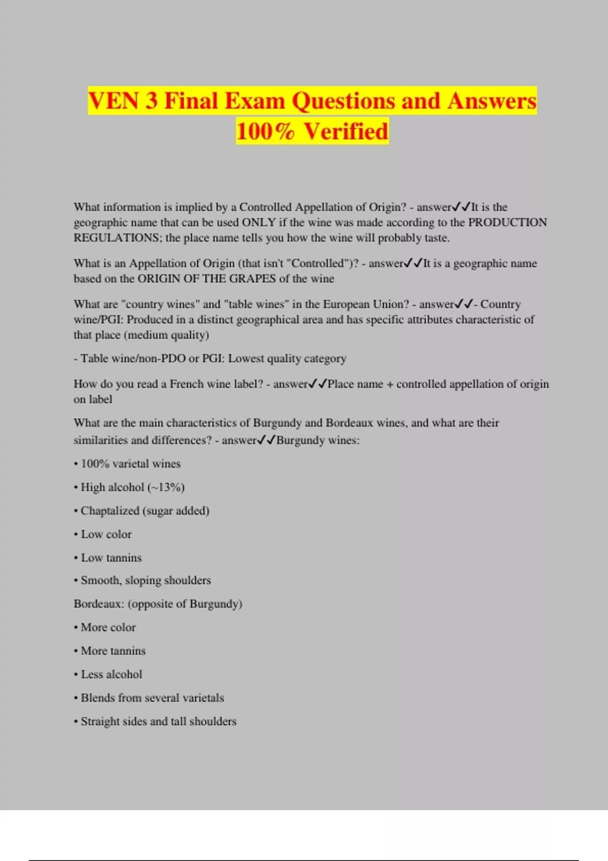 VEN Bundled Exam Questions with 100% Correct Answers | Verified ...