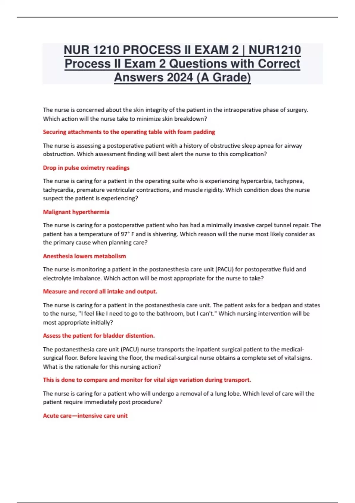 NUR 1210 PROCESS II EXAM 2 | NUR1210 Process II Exam 2 Questions with Correct Answers 2024 (A ...