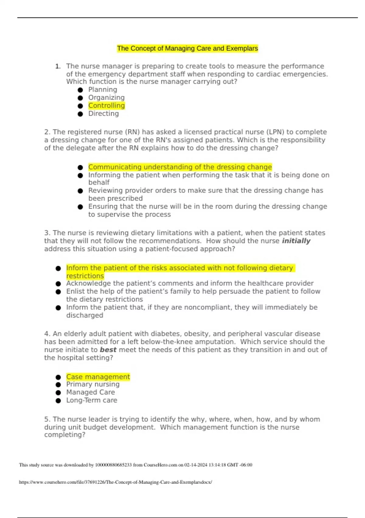 The Concept of Managing Care and Exemplars - NUR 111 - Stuvia US