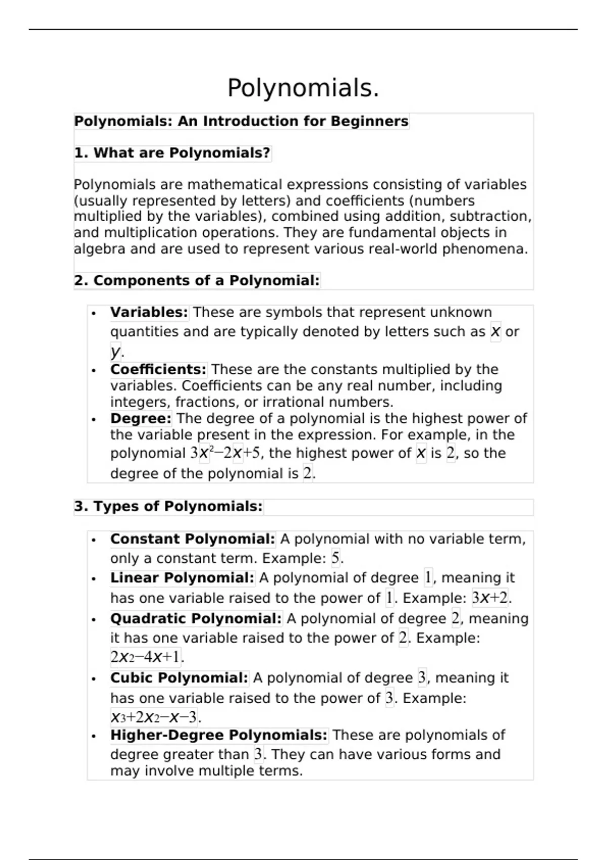 A beginner friendly summary of polynomials. - Mathematics - Stuvia SA