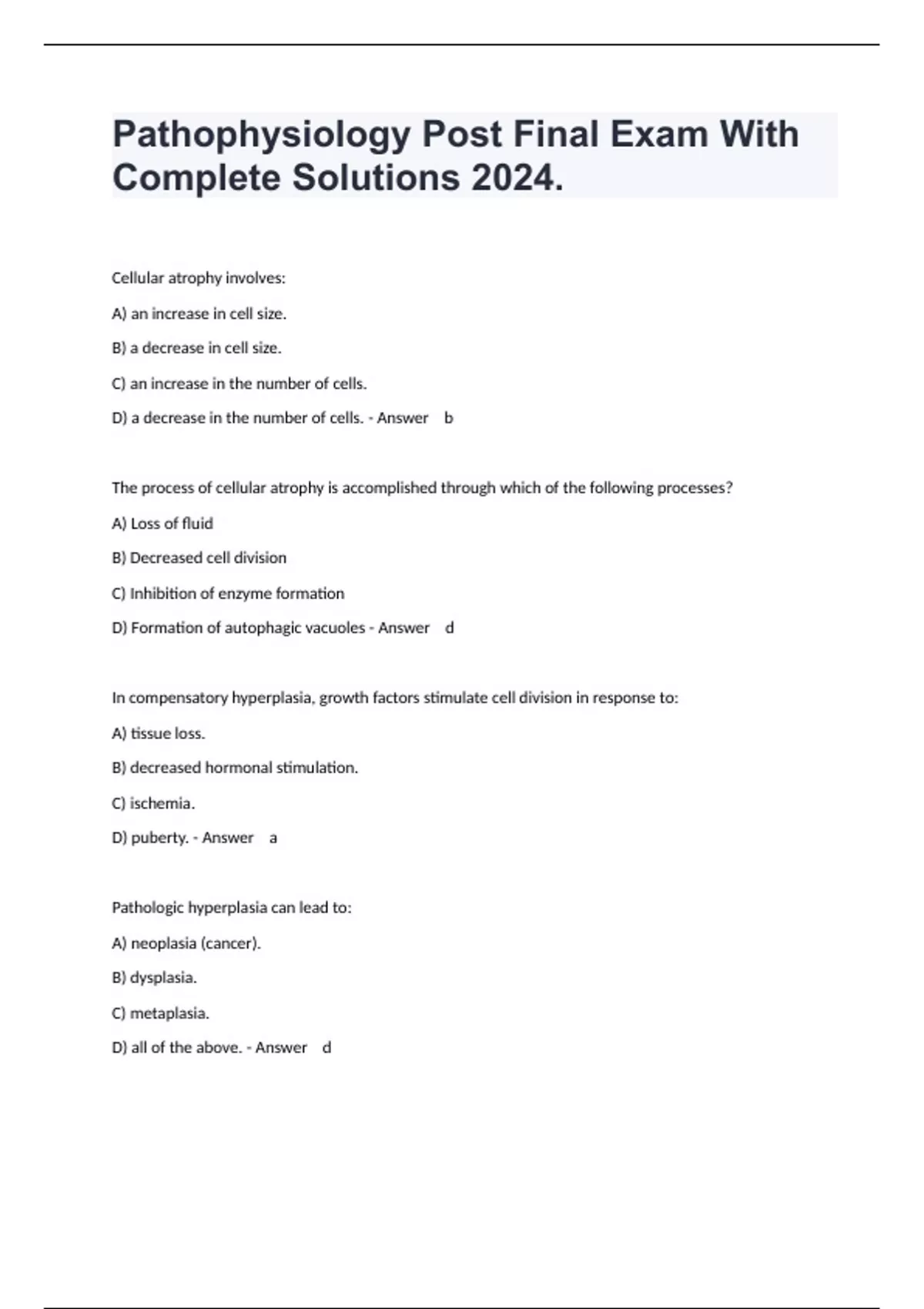 Pathophysiology Post Final Exam With Complete Solutions 2024 ...