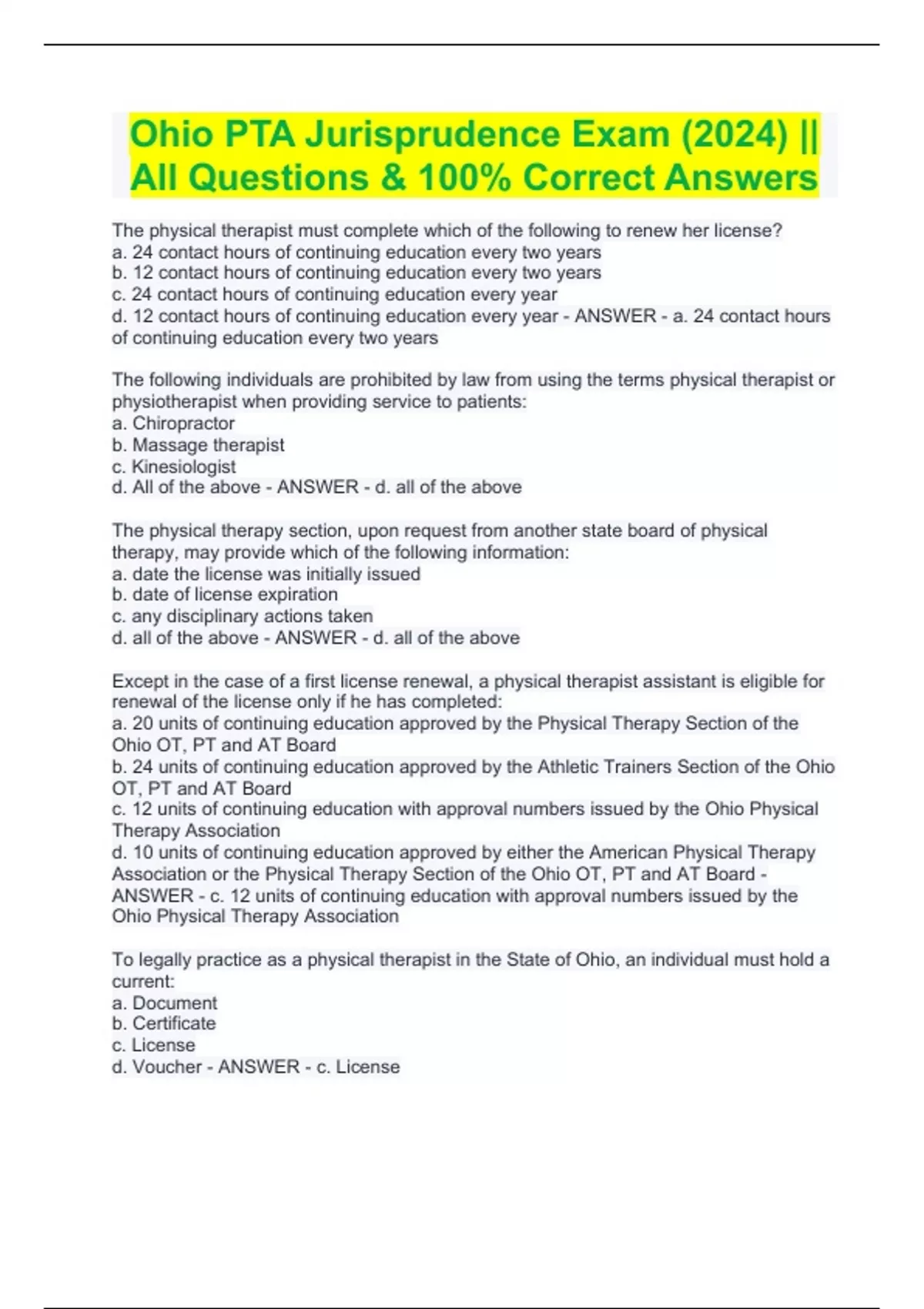 Ohio PTA Jurisprudence Exam (2024) || All Questions & 100% Correct ...