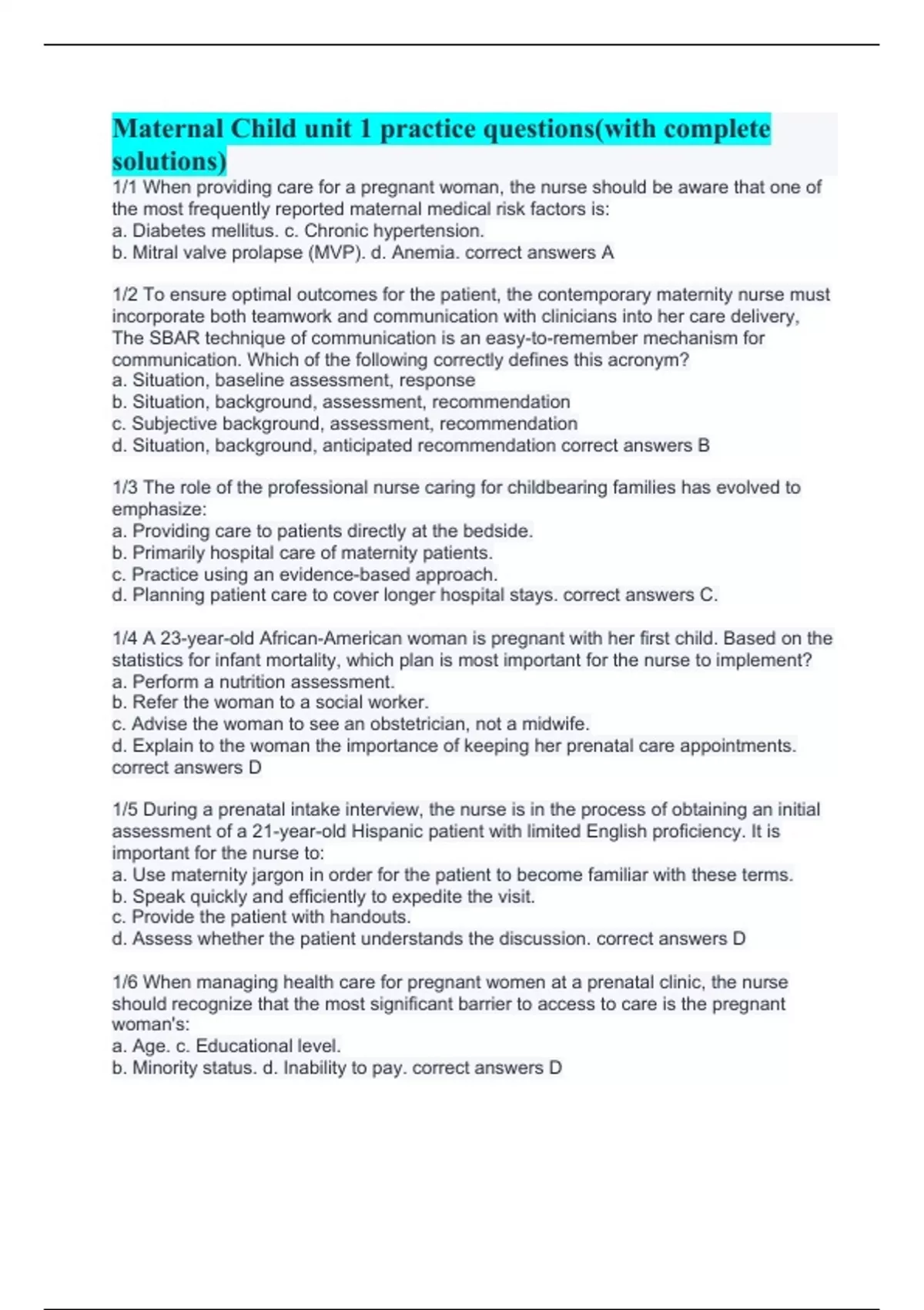 Maternal Child unit 1 practice questions(with complete solutions ...