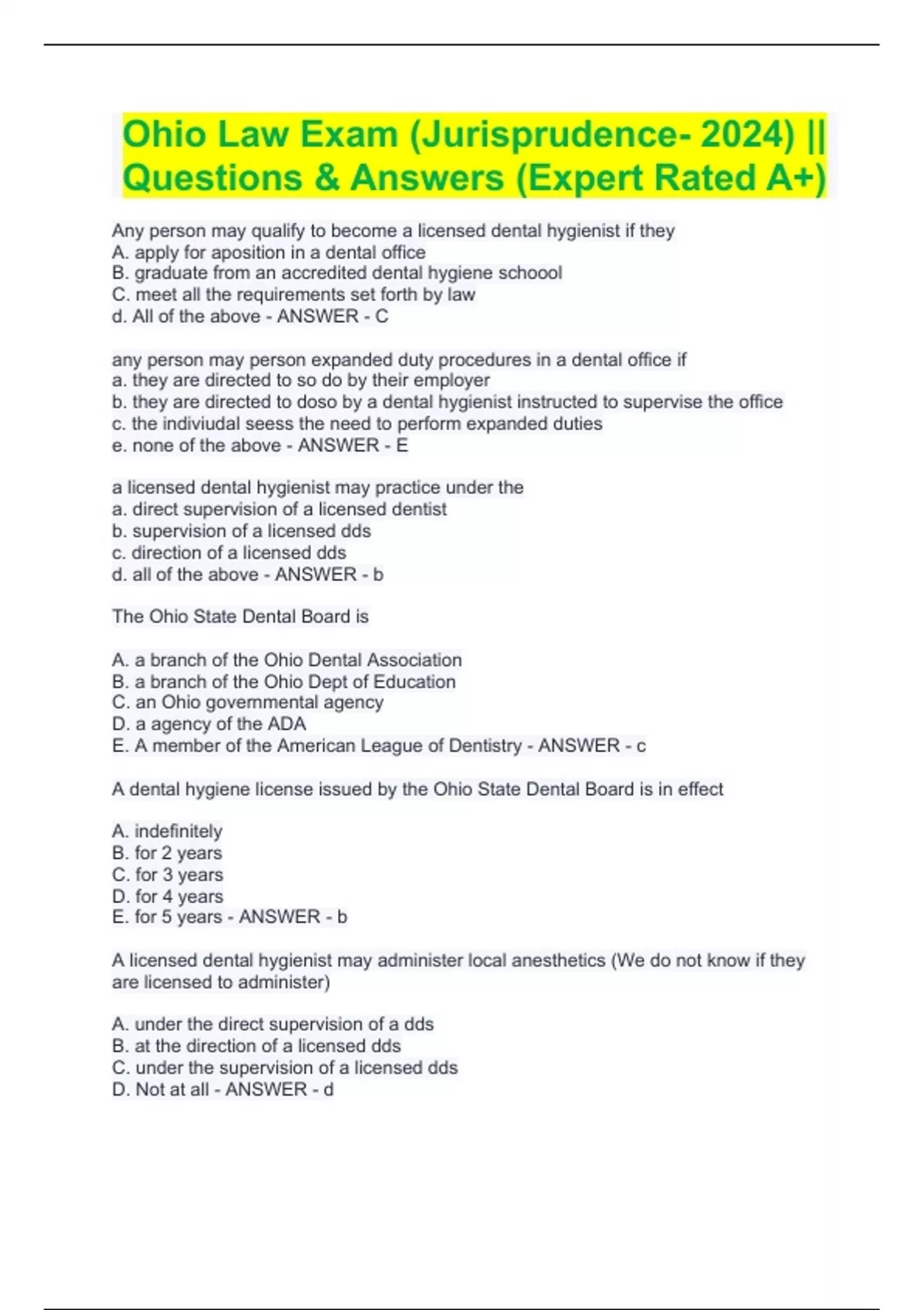 Ohio Law Exam (Jurisprudence- 2024) || Questions & Answers (Expert ...