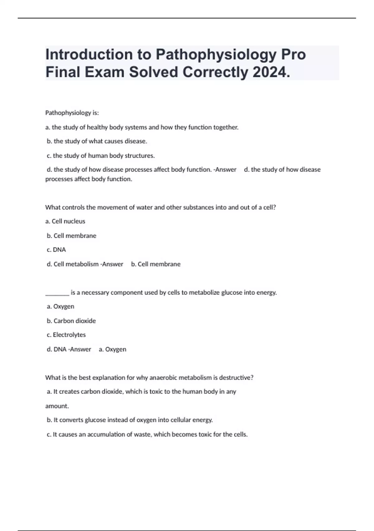 Introduction to Pathophysiology Pro Final Exam Solved Correctly 2024 ...