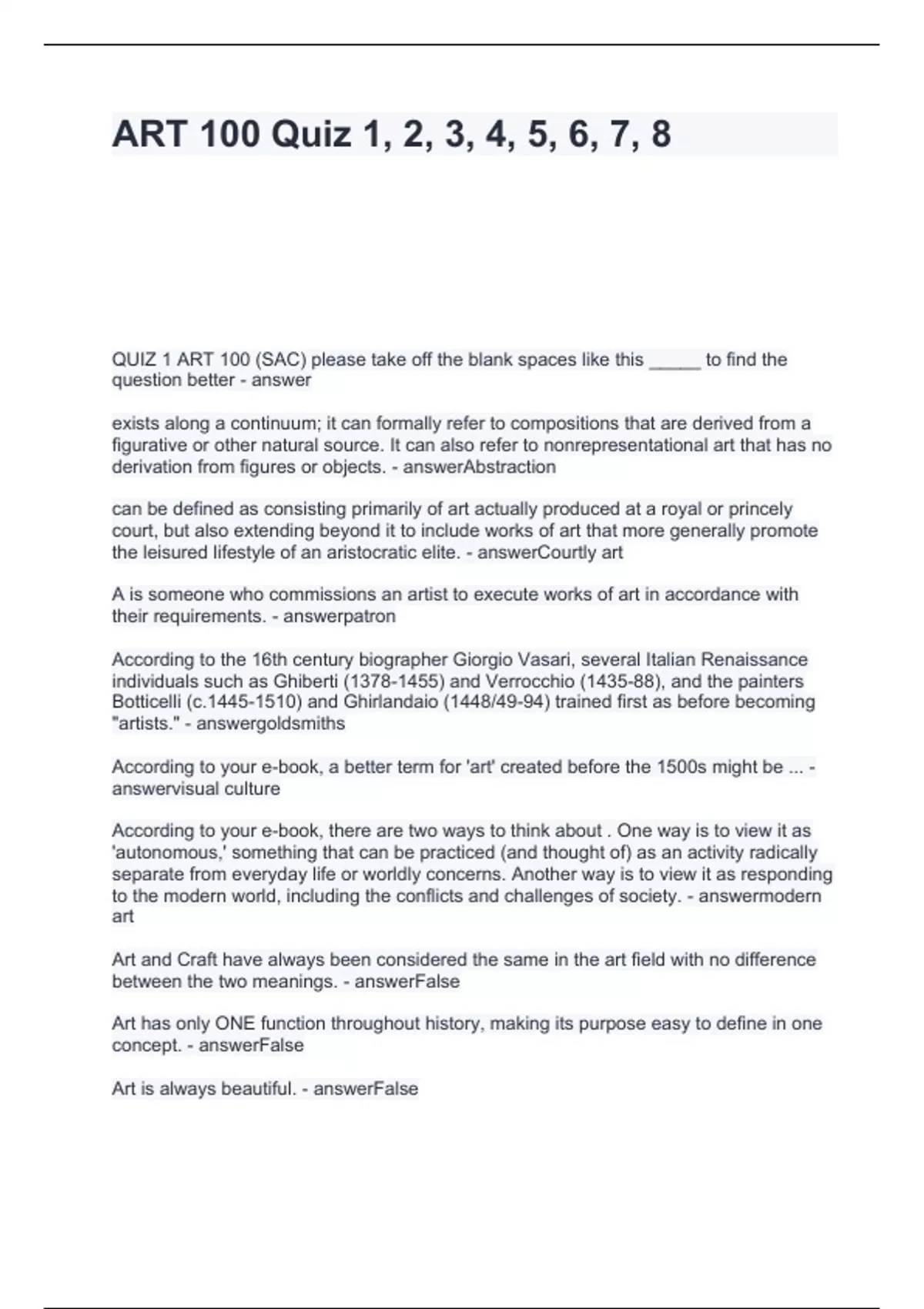 ART 100 Quiz 1, 2, 3, 4, 5, 6, 7, 8 Questions with correct Answers ...