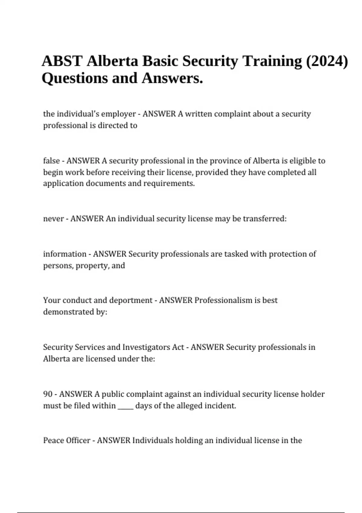 ABST Alberta Basic Security Training (2024) Questions and Answers. - ABST - Stuvia UK