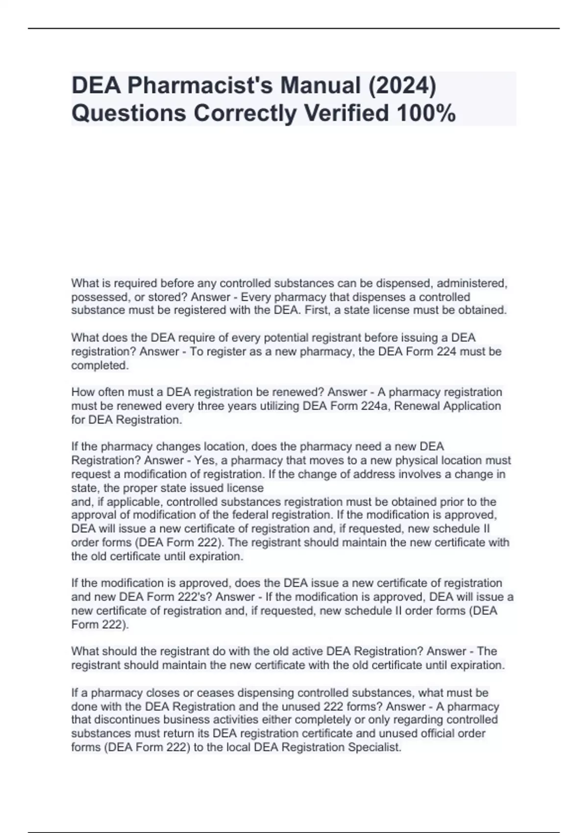 DEA Pharmacist's Manual (2024) Questions Correctly Verified 100% - DEA ...