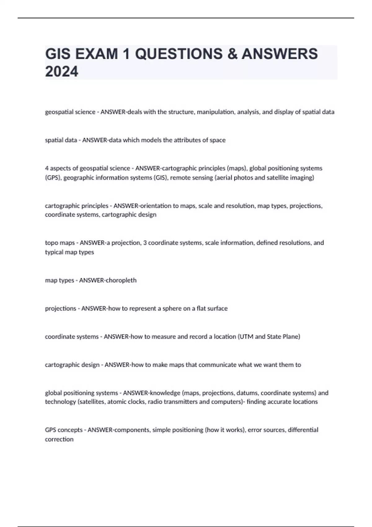 GIS EXAM 1 QUESTIONS & ANSWERS 2024 - GIS - Stuvia US
