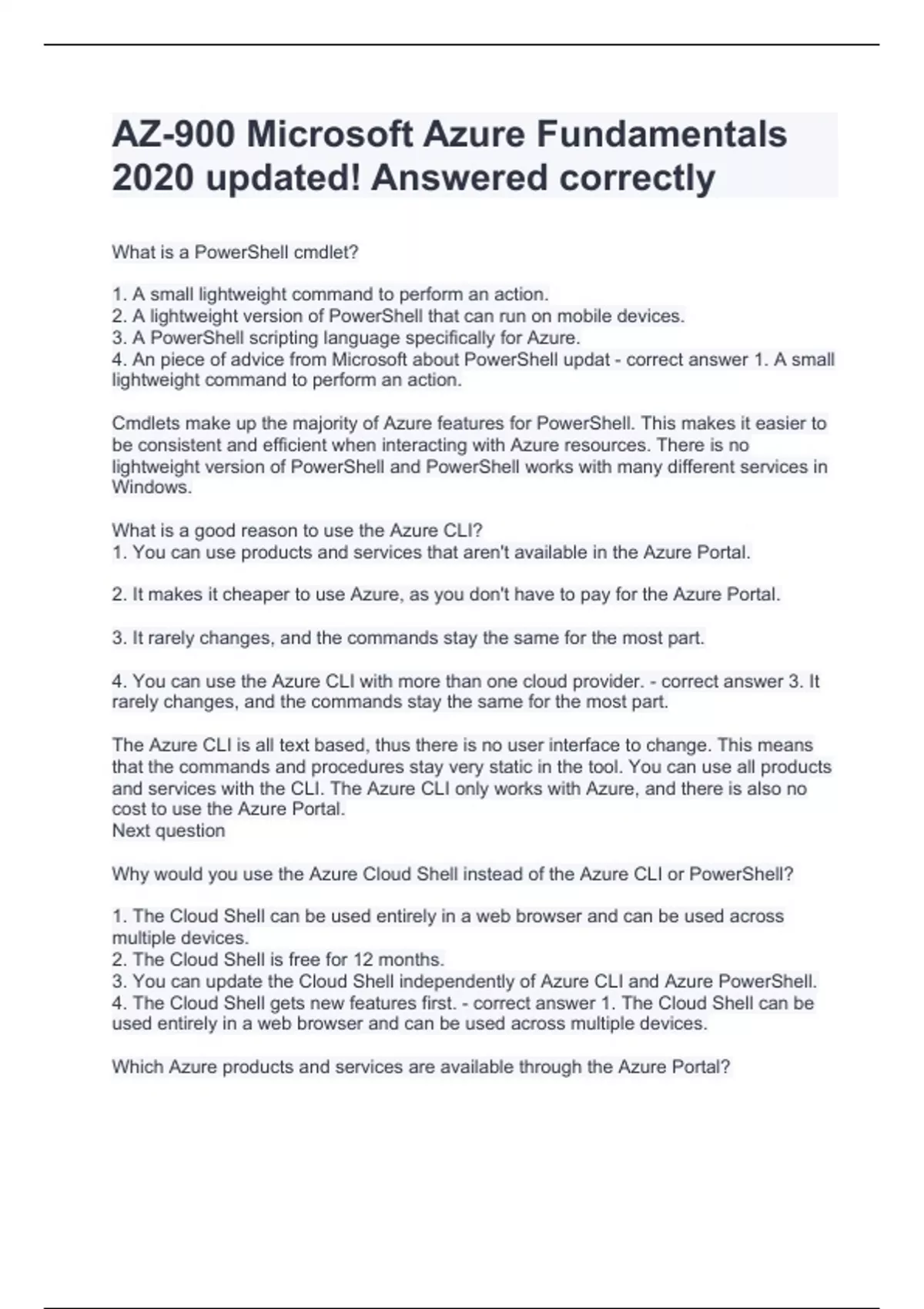 AZ-900 Microsoft Azure Fundamentals Questions with complete solution ...