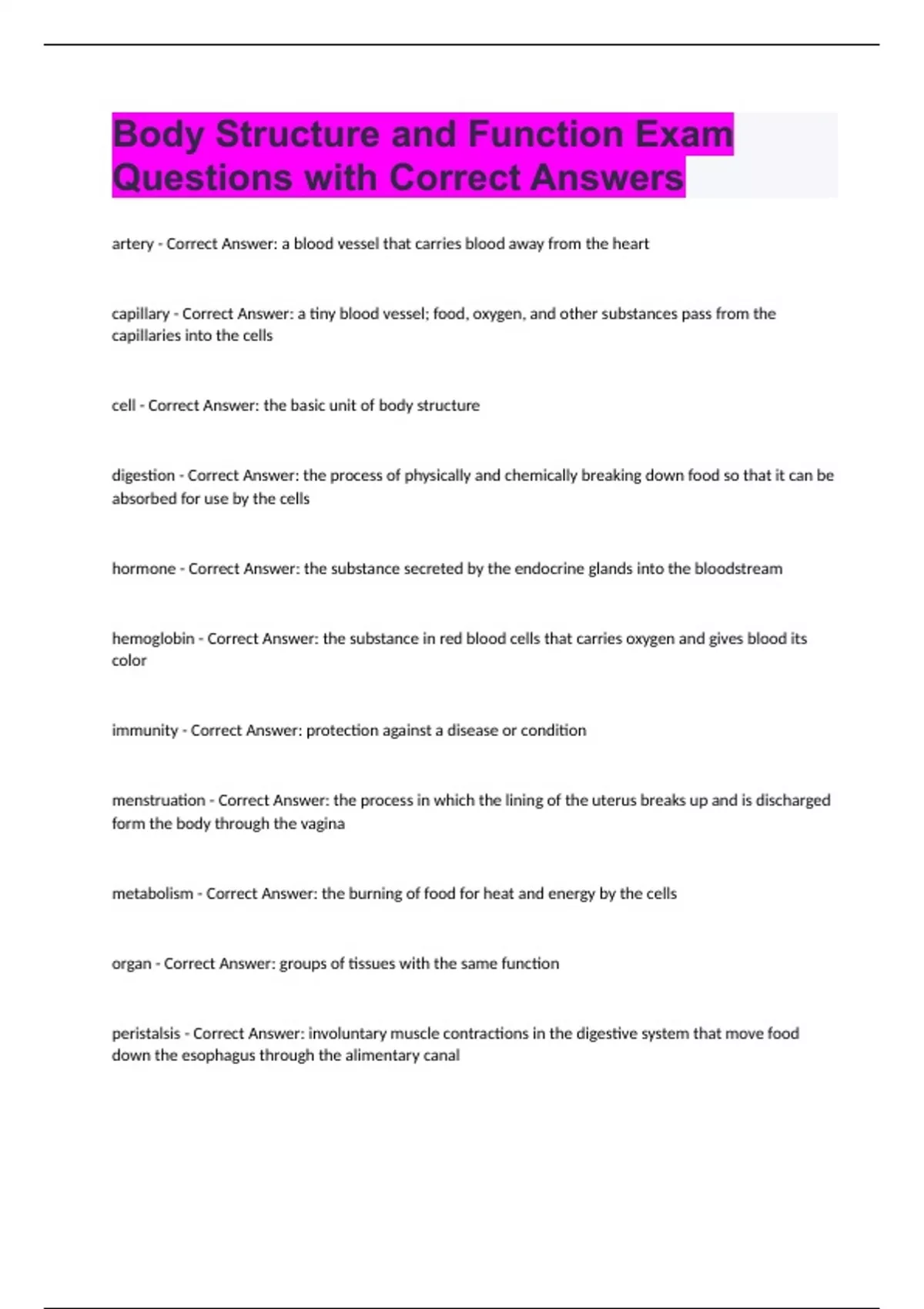 Body Structure and Function Exam Questions with Correct Answers ...