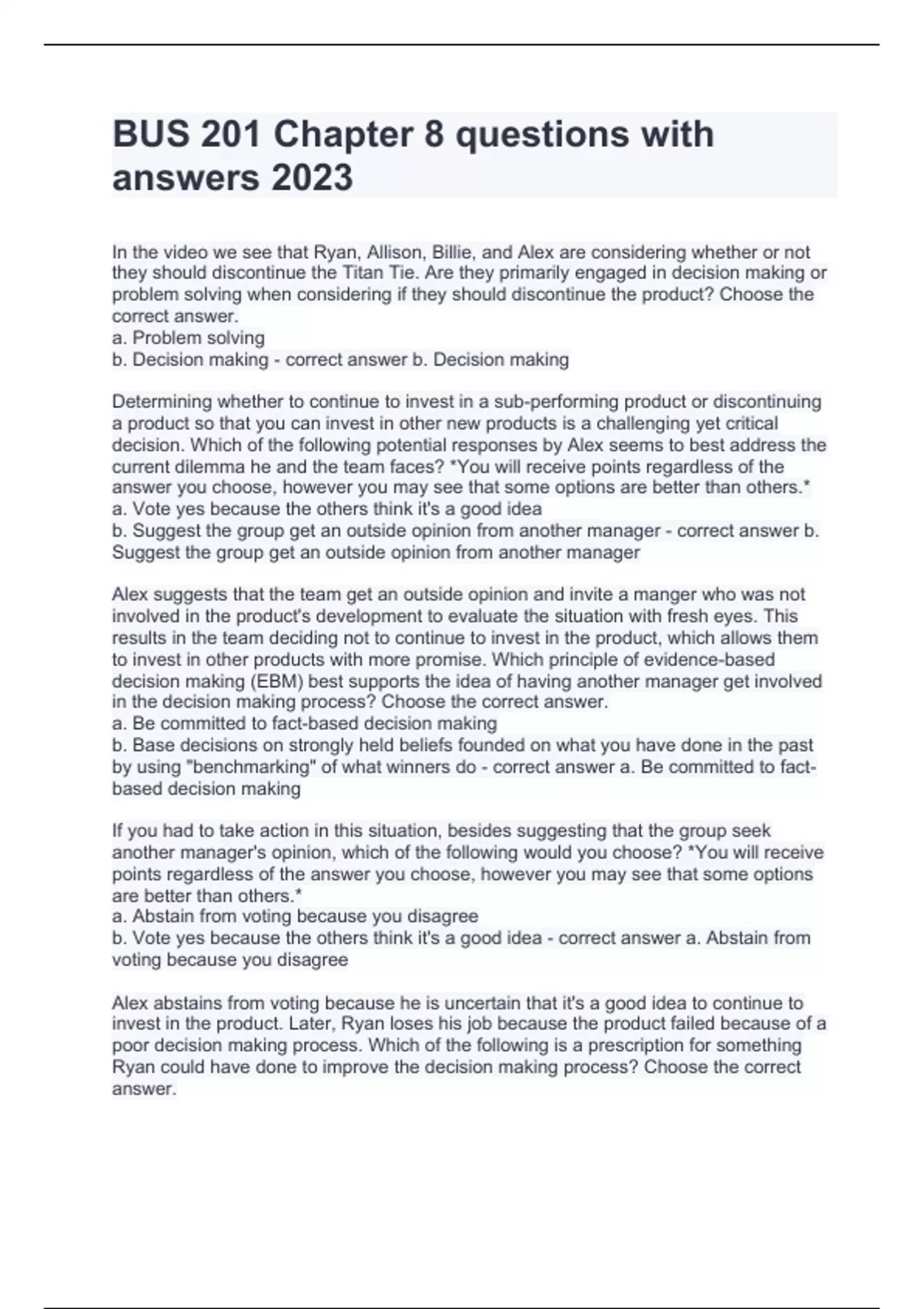 BUS 201 Chapter 8 questions with complete solution 2024 - BUS 201 - Stuvia US