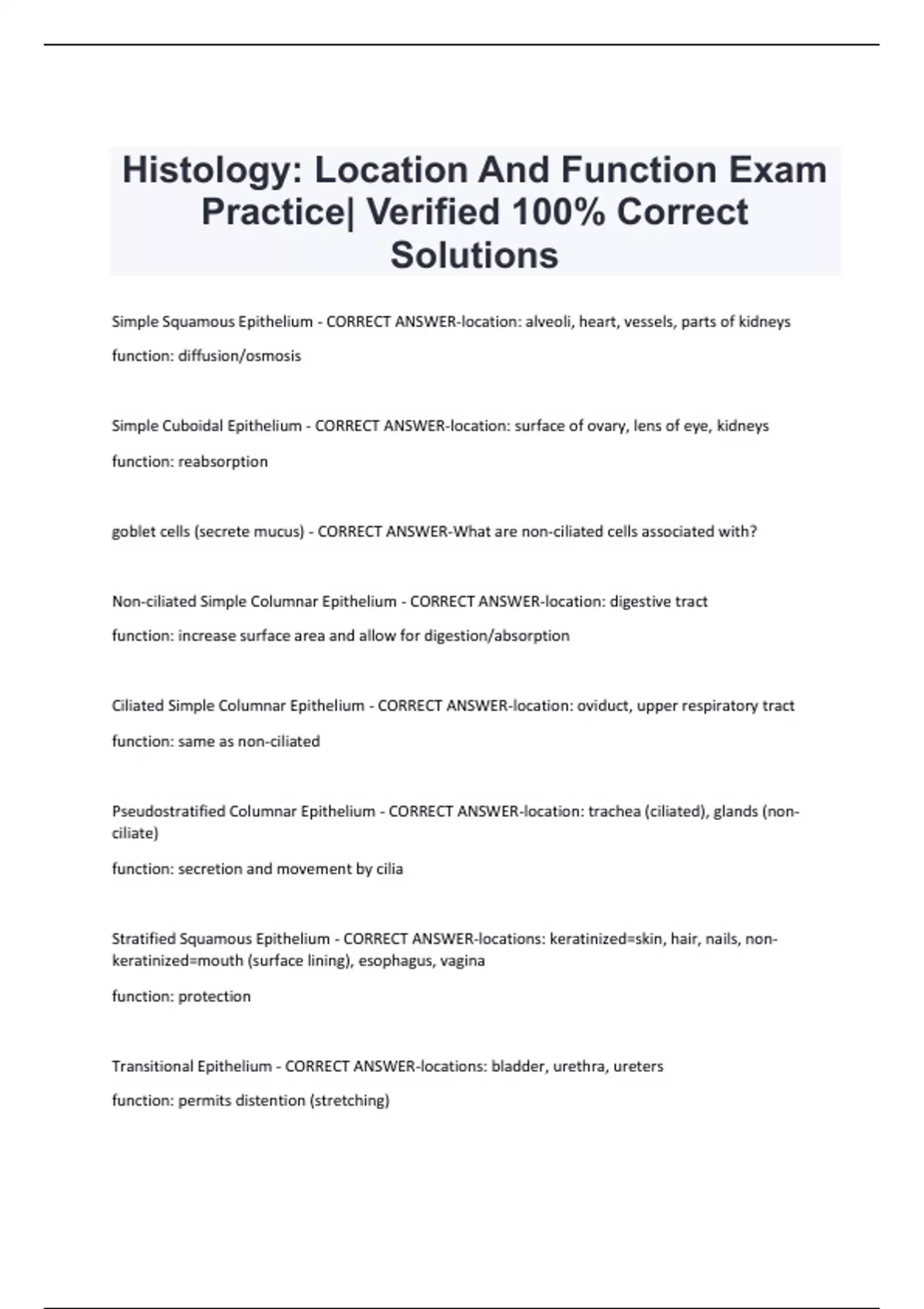 Histology: Location And Function Exam Practice| Verified 100% Correct ...