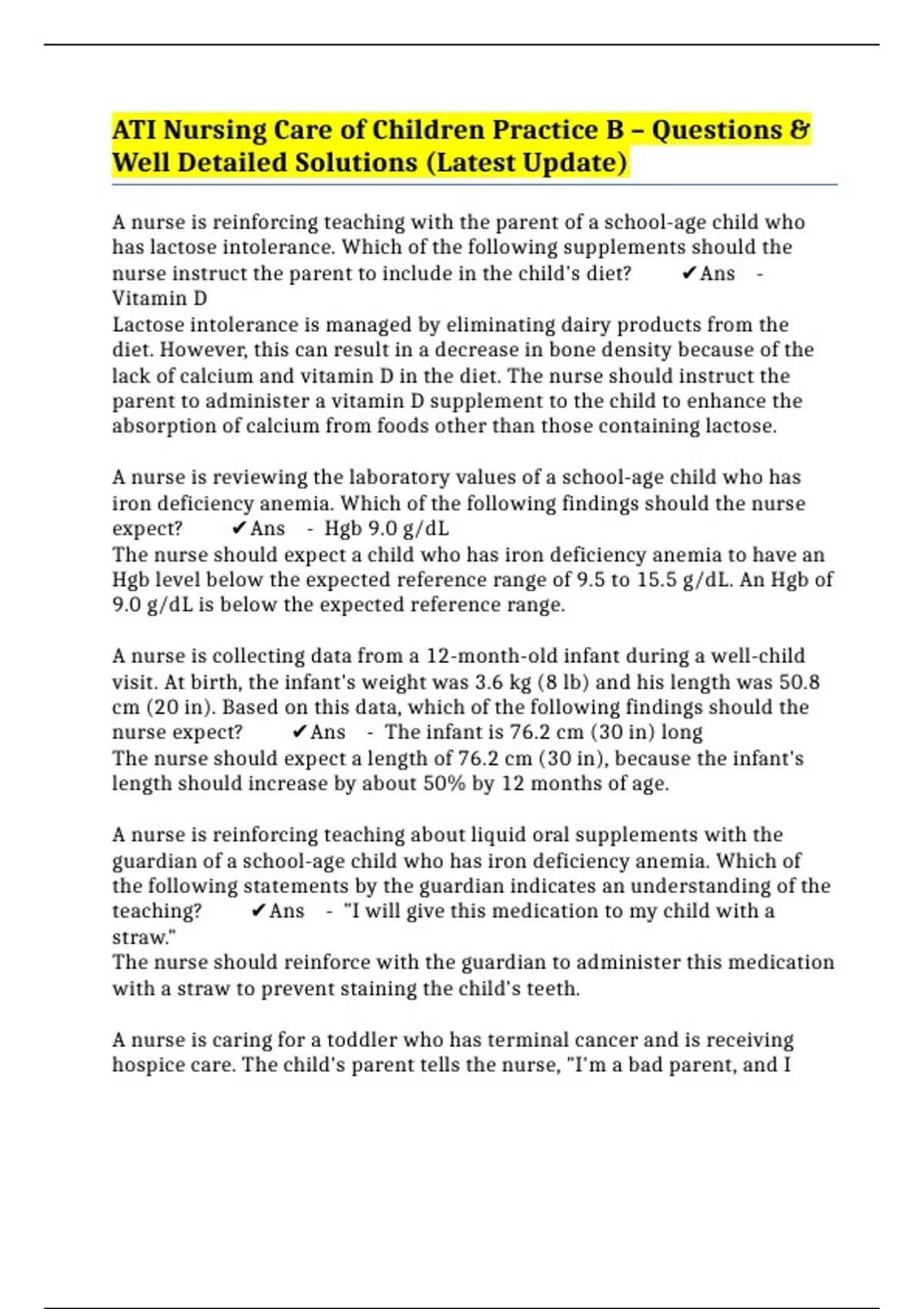 ATI Nursing Care of Children Practice B – Questions & Well Detailed ...