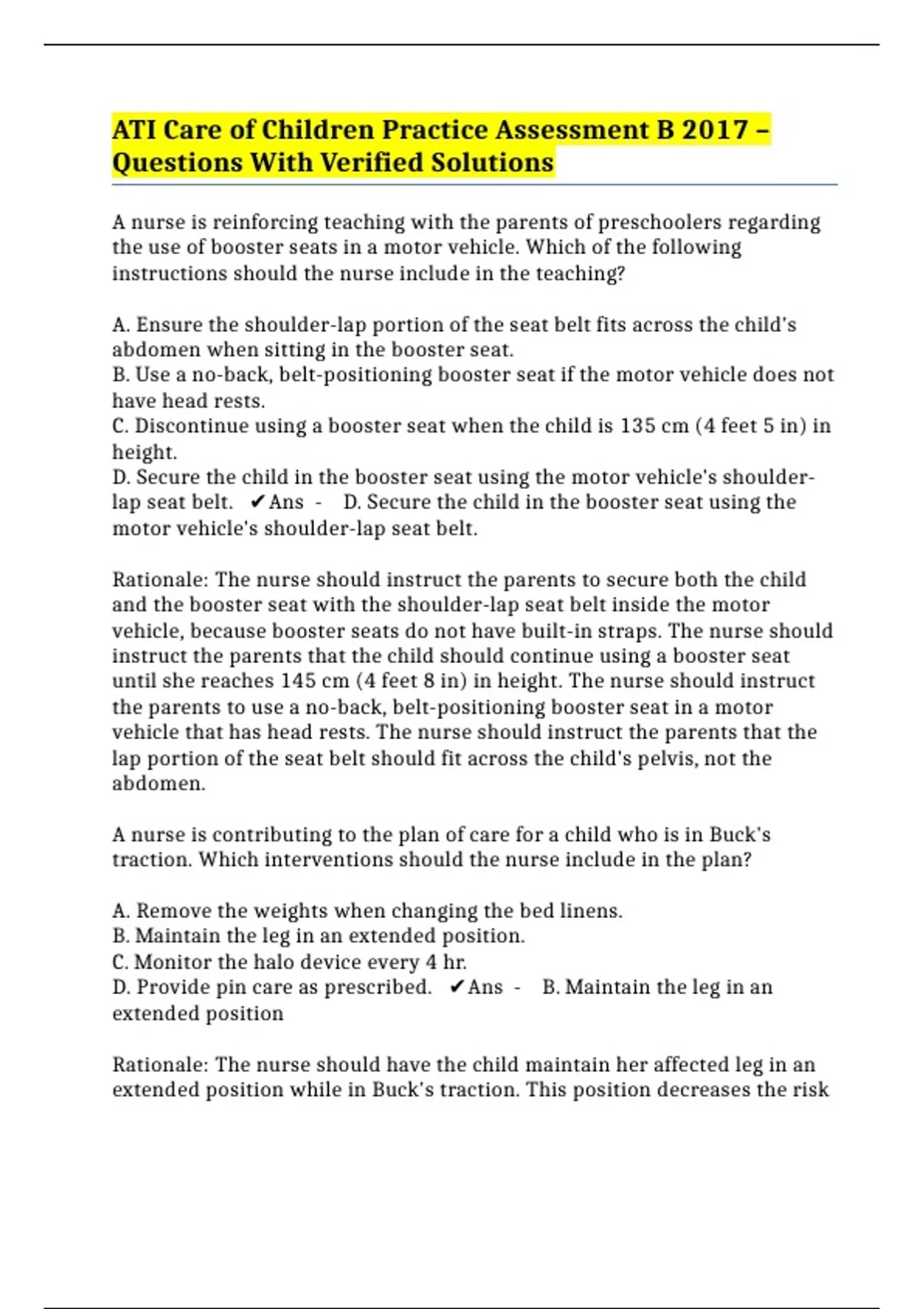 ATI Care of Children Practice Assessment B 2017 – Questions With ...