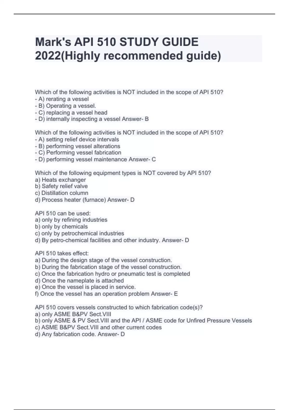 Mark's API 510 STUDY GUIDE 2024(Highly recommended guide) - Nursing ...