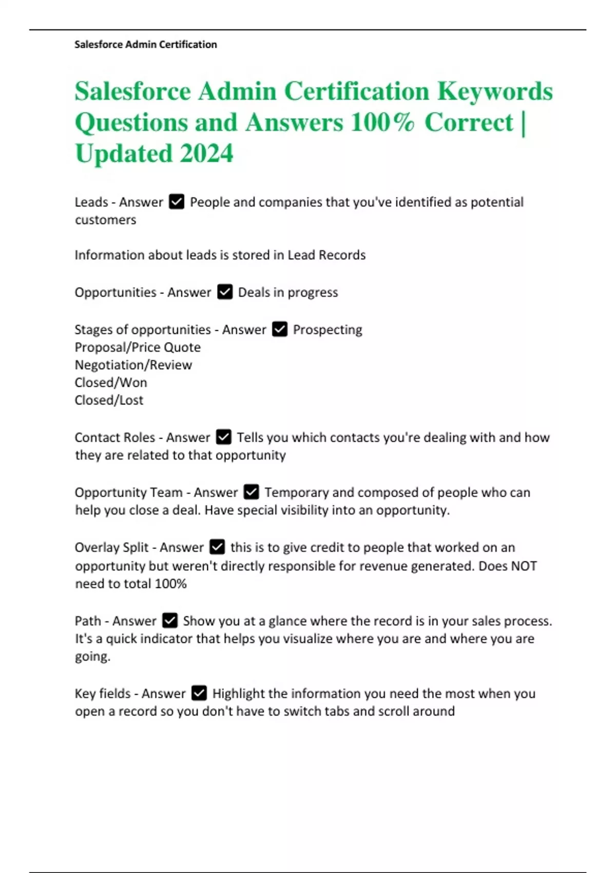 Salesforce Admin Certification Keywords Questions And Answers 100 Correct Updated 2024