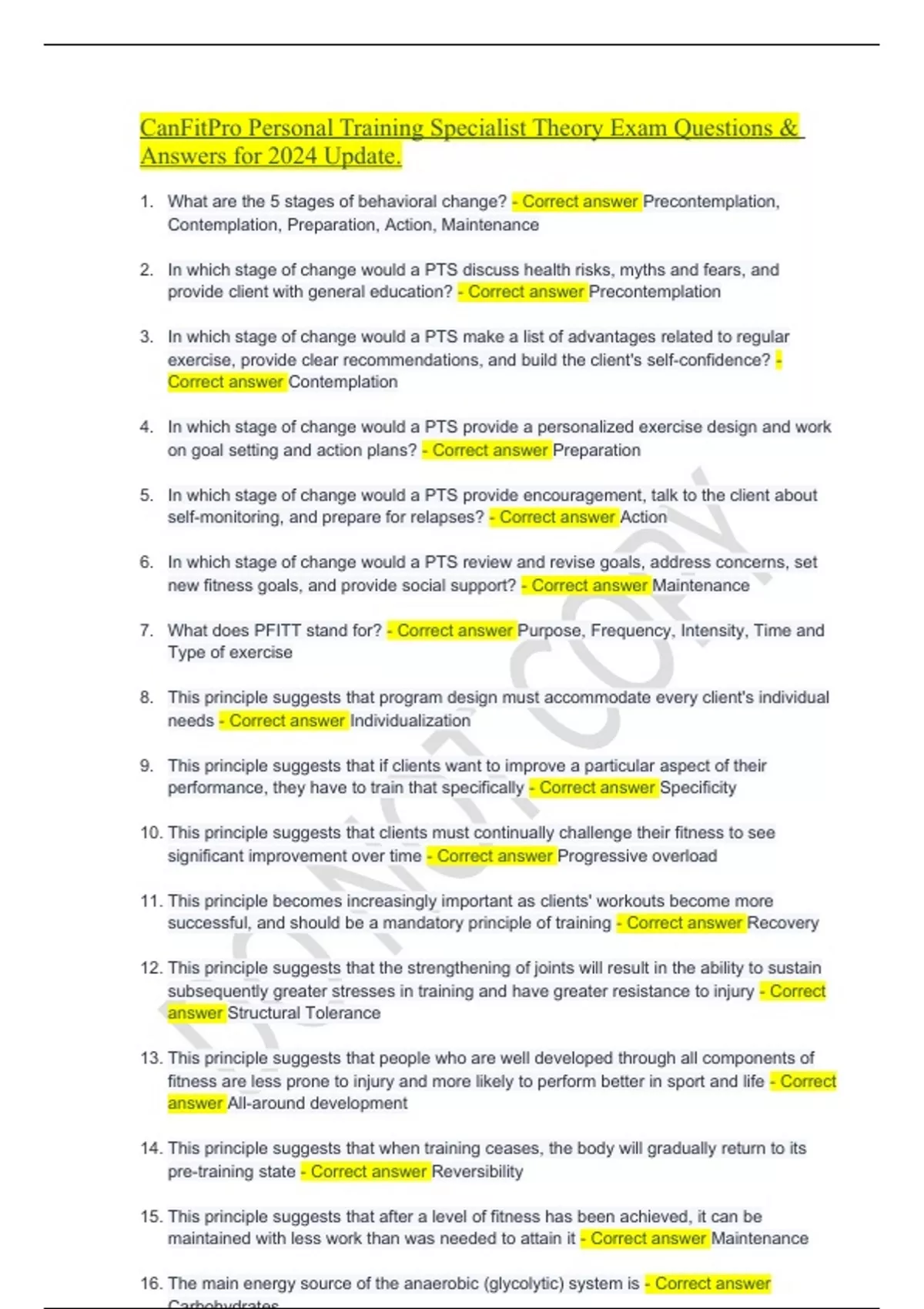 CanFitPro Personal Training Specialist Theory Exam Questions & Answers ...