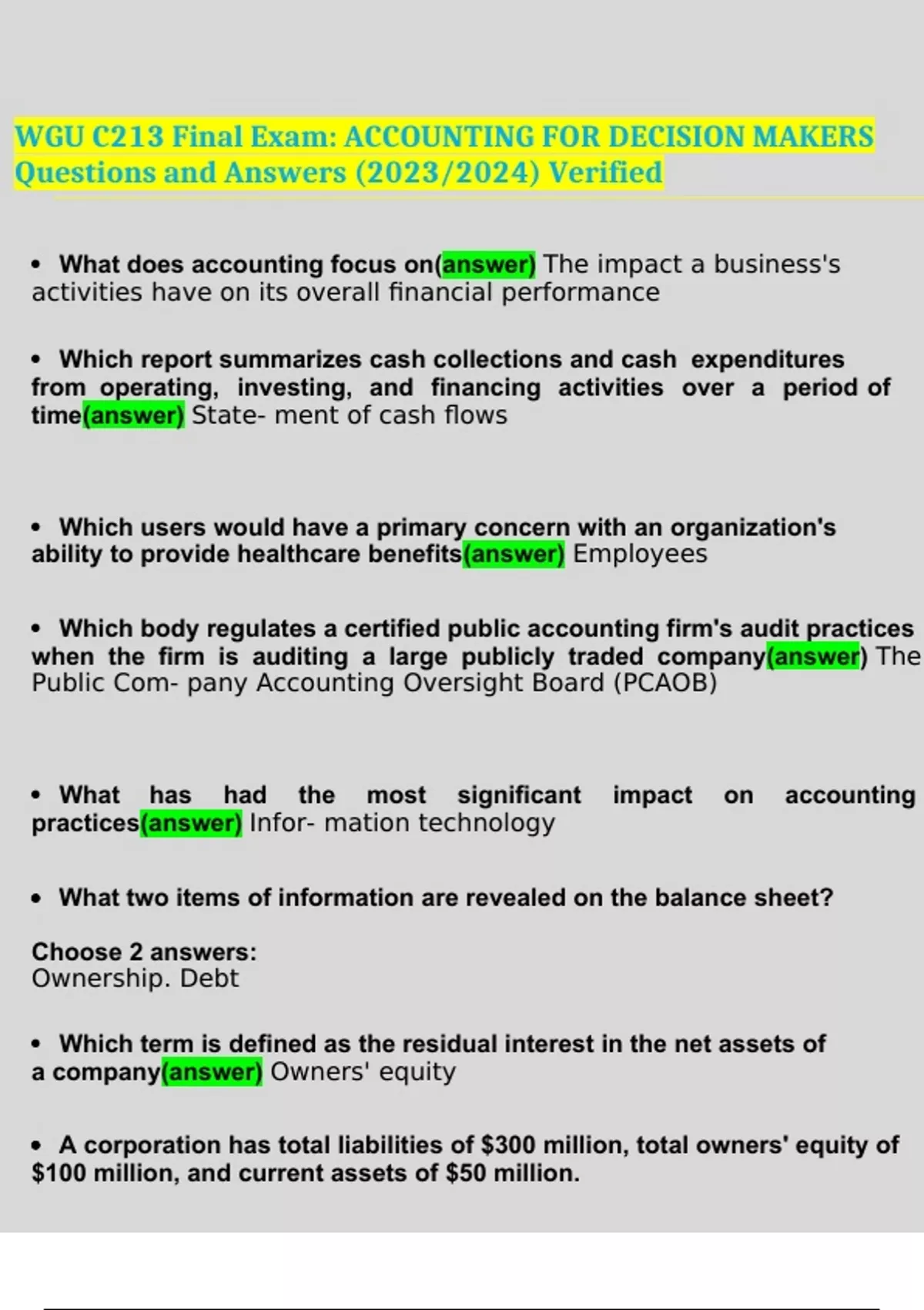 WGU C213 Final Exam: ACCOUNTING FOR DECISION MAKERS Questions and ...