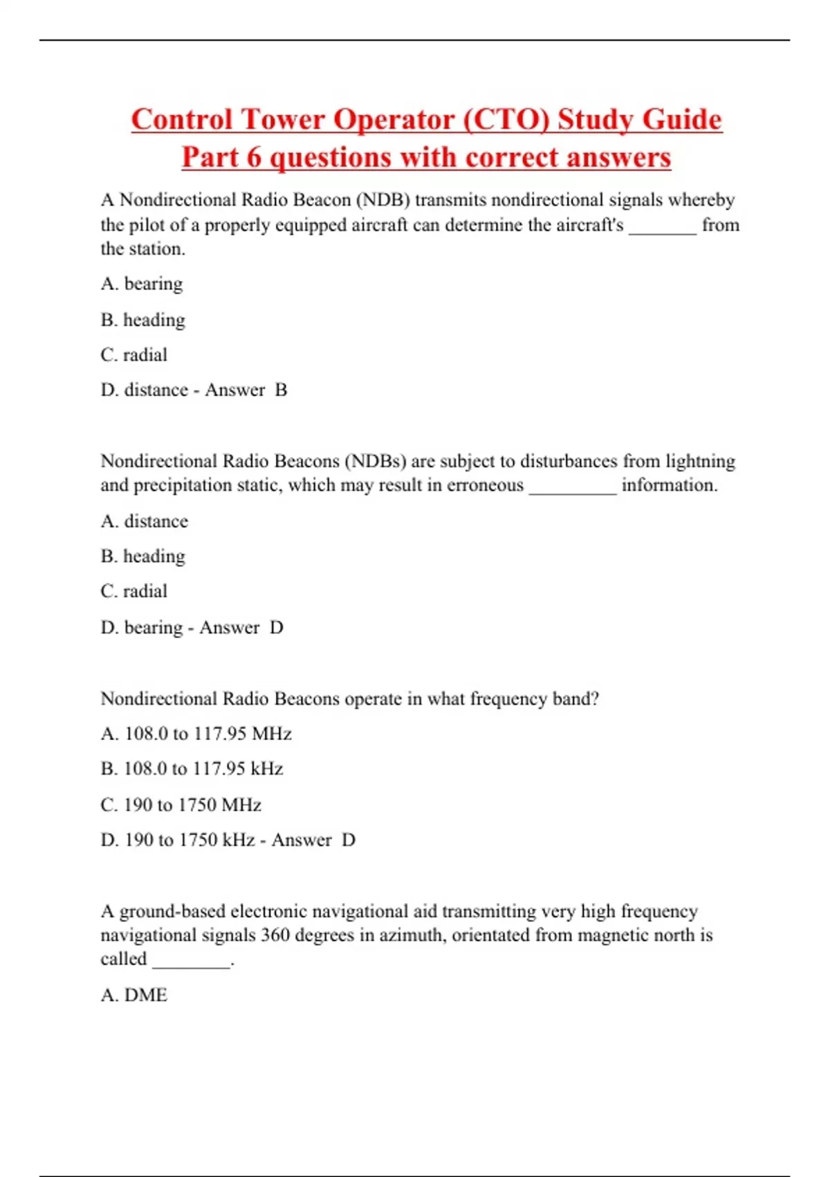 Control Tower Operator (CTO) Study Guide Part 6 questions with correct ...