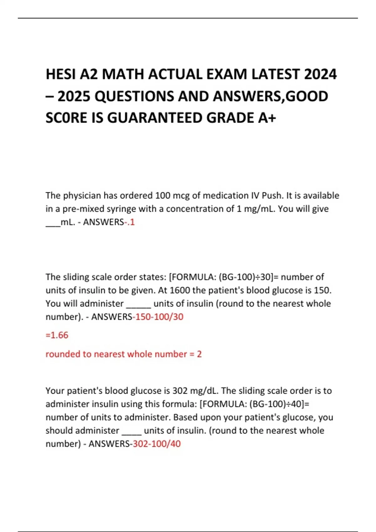 HESI A2 MATH ACTUAL EXAM LATEST 2024 – 2025 QUESTIONS AND ANSWERS,GOOD ...