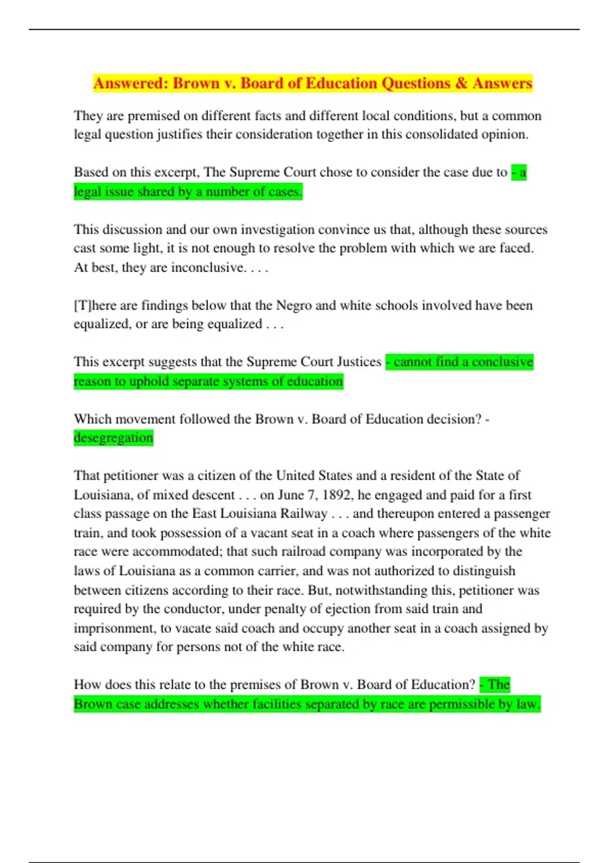 Answered: Brown v. Board of Education Quiz_ Spring 2023. - Brown V ...