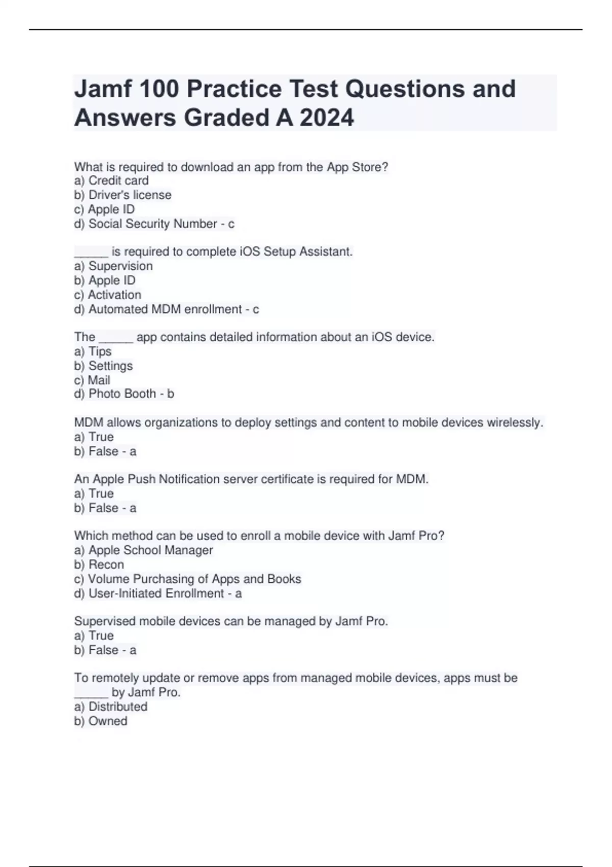 Jamf 100 Practice Test Questions and Answers Graded A 2024 - Jamf 100 ...