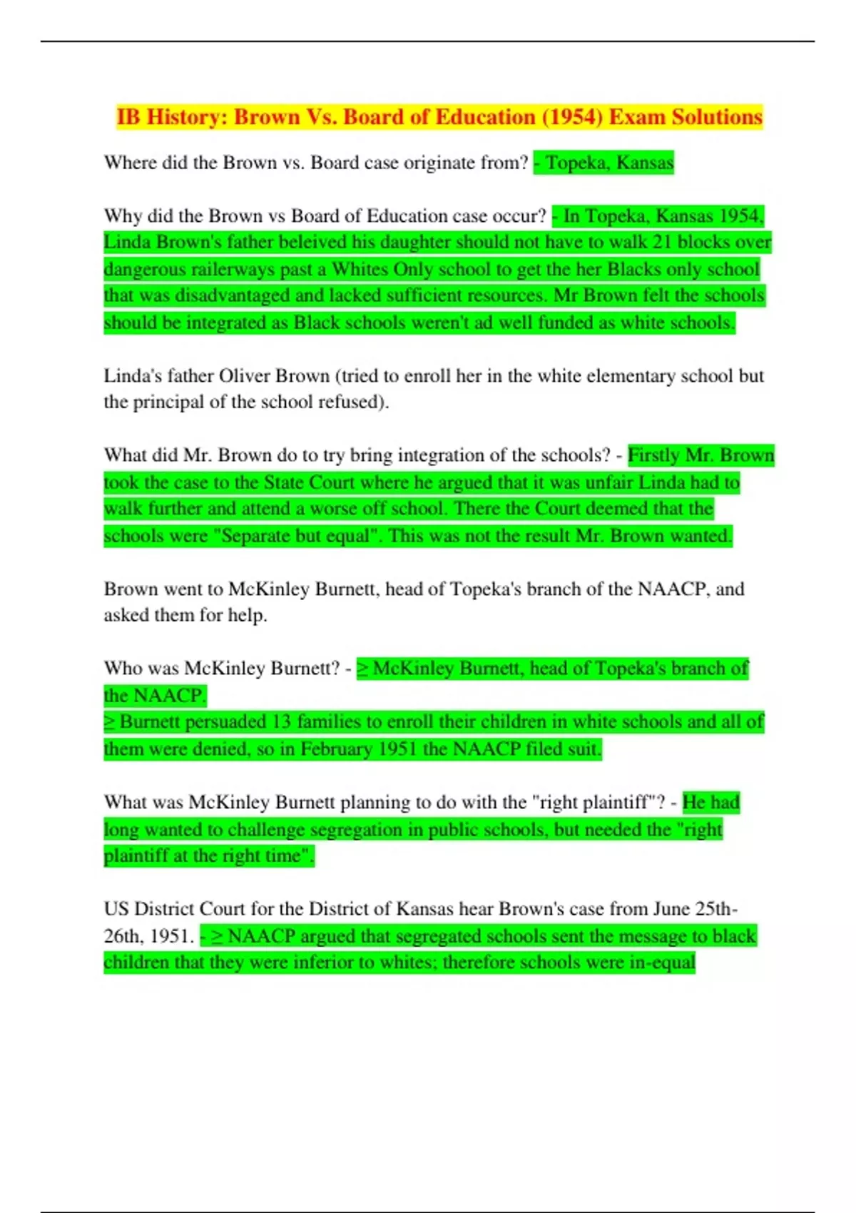 IB History: Brown Vs. Board of Education (1954) Test Solutions - IB ...