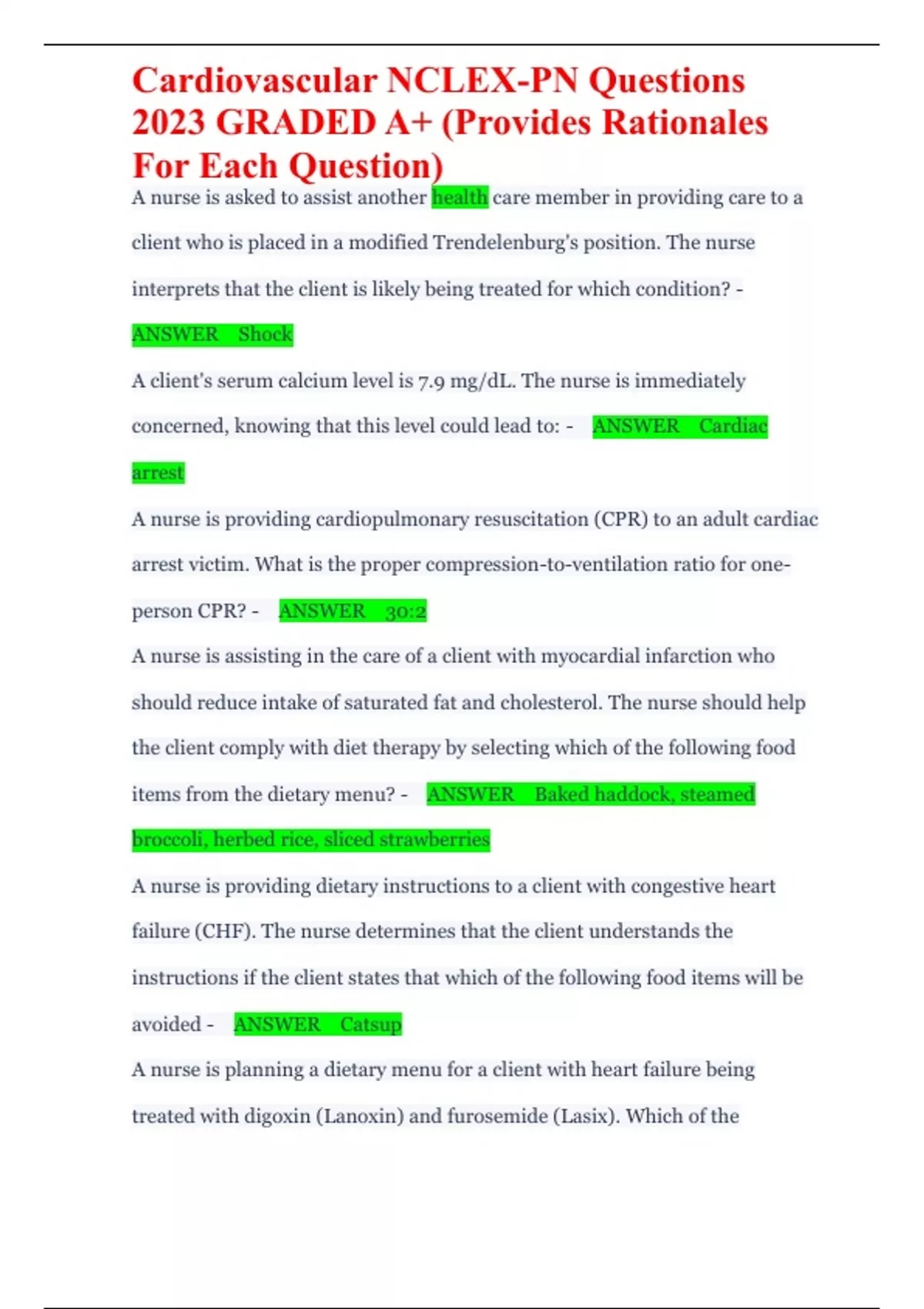 Cardiovascular NCLEX-PN Questions 2023 GRADED A+ (Provides Rationales ...