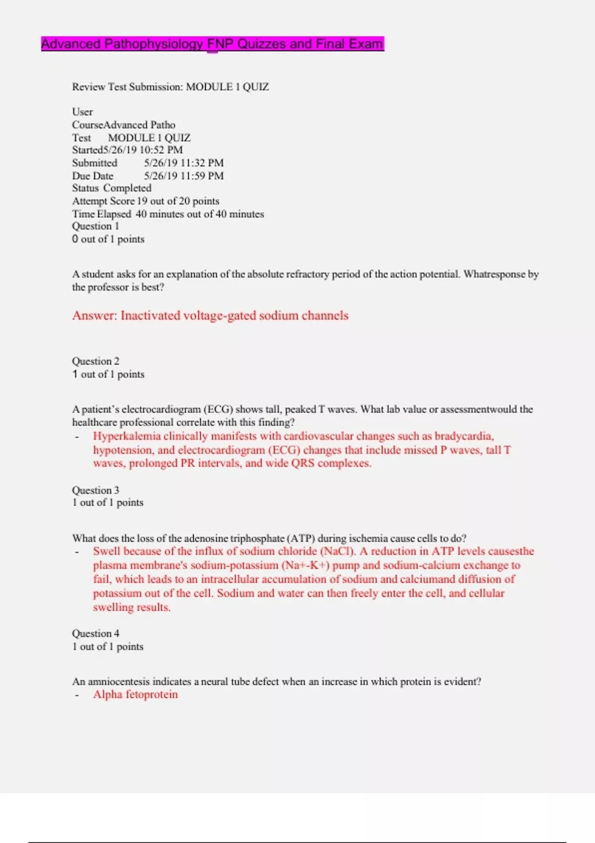 Advanced Pathophysiology FNP Quizzes and Final Exam - Advanced ...