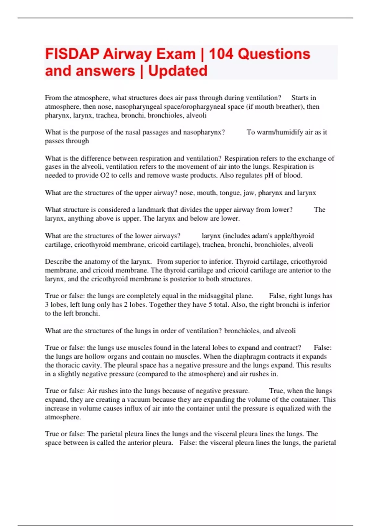 FISDAP Airway Exam | 104 Questions and answers | Updated - FISDAP Airway - Stuvia US