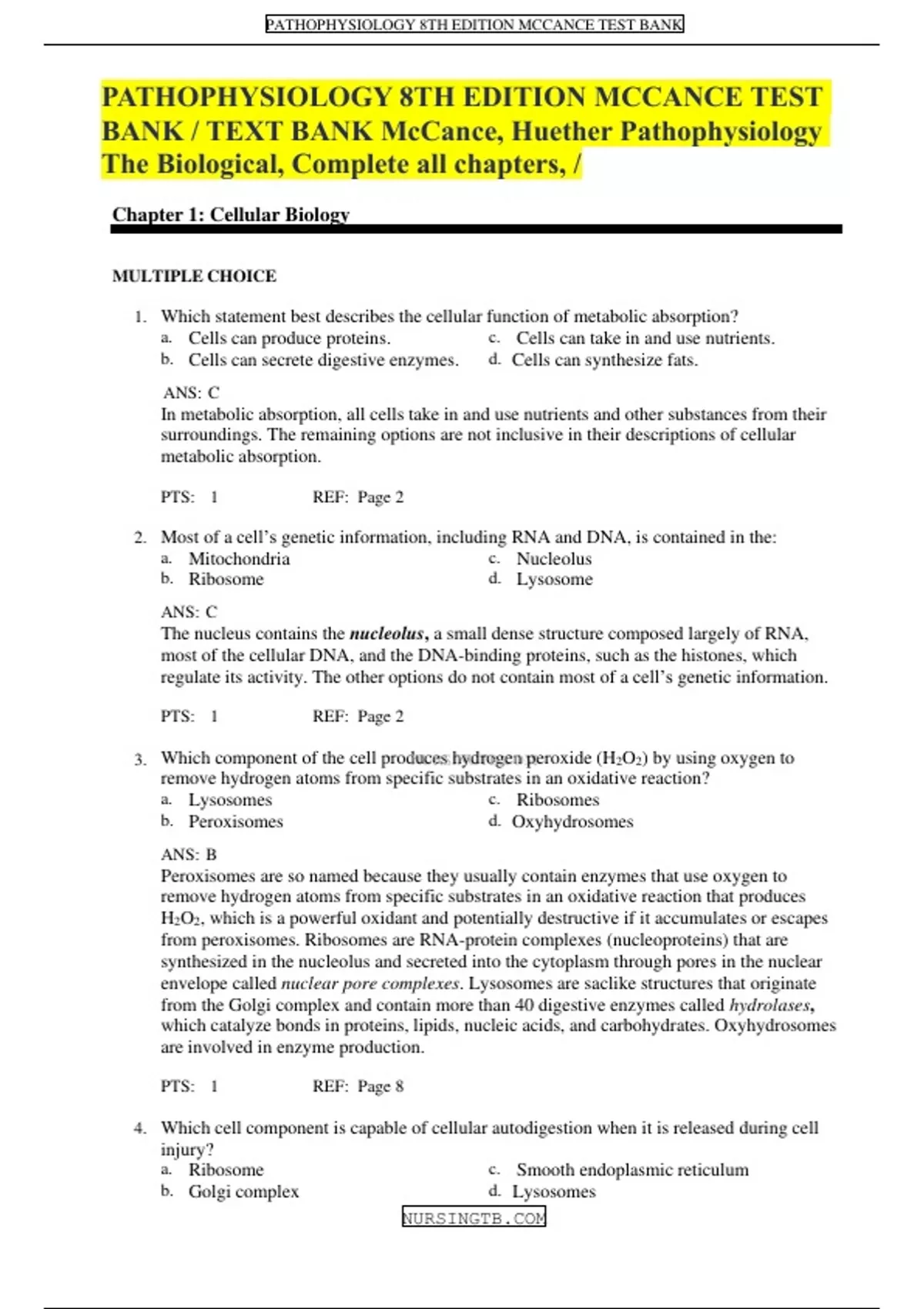 PATHOPHYSIOLOGY 8TH EDITION MCCANCE TEST BANK / TEXT BANK McCance ...
