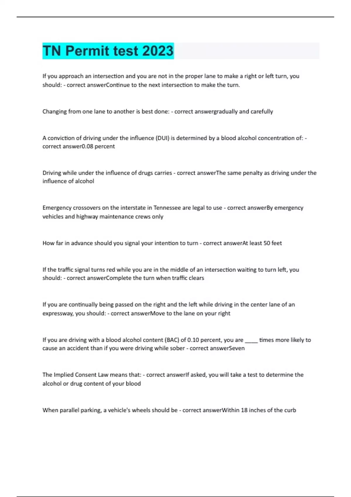 TN Permit test 2023 Questions and answers latest update - TN Drivers ...