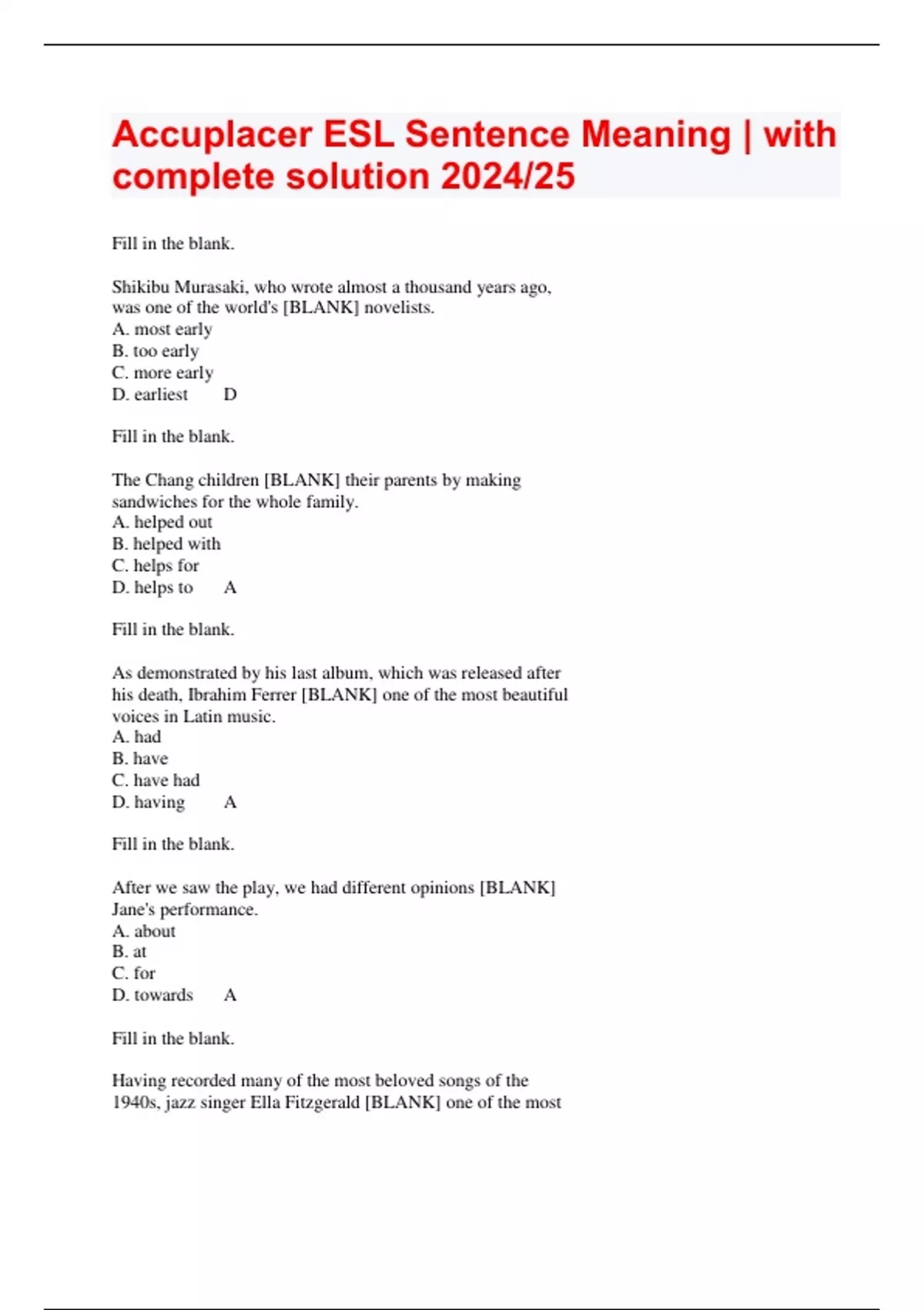 Accuplacer ESL Sentence Meaning | with complete solution 2024/25 ...