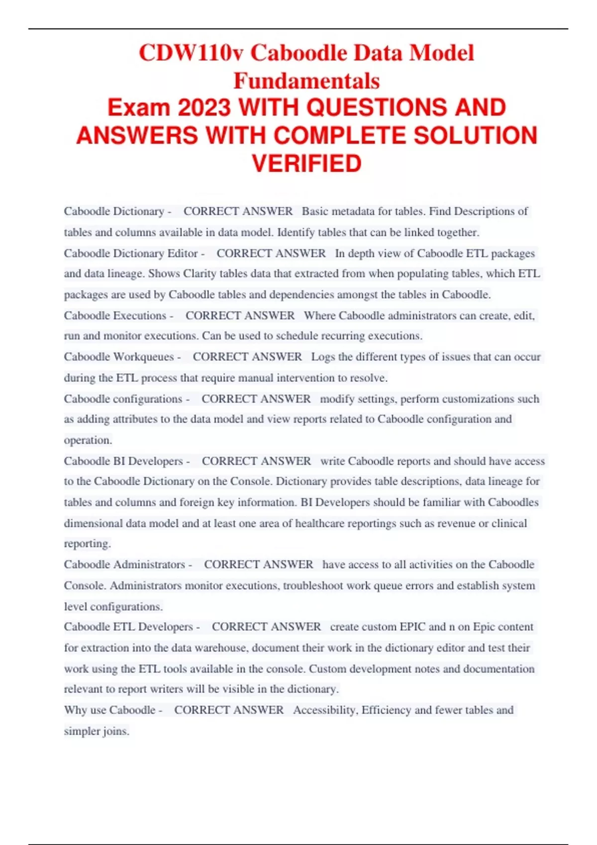 CDW110v Caboodle Data Model Fundamentals Exam 2023 WITH QUESTIONS AND ...