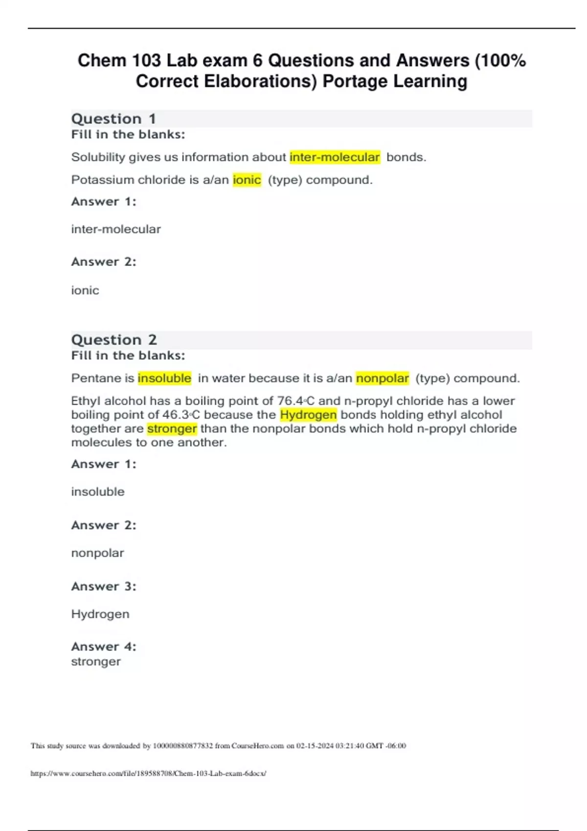 Chem 103 Lab exam 6 Questions and Answers (100% Correct Elaborations) Portage Learning - CHEM ...