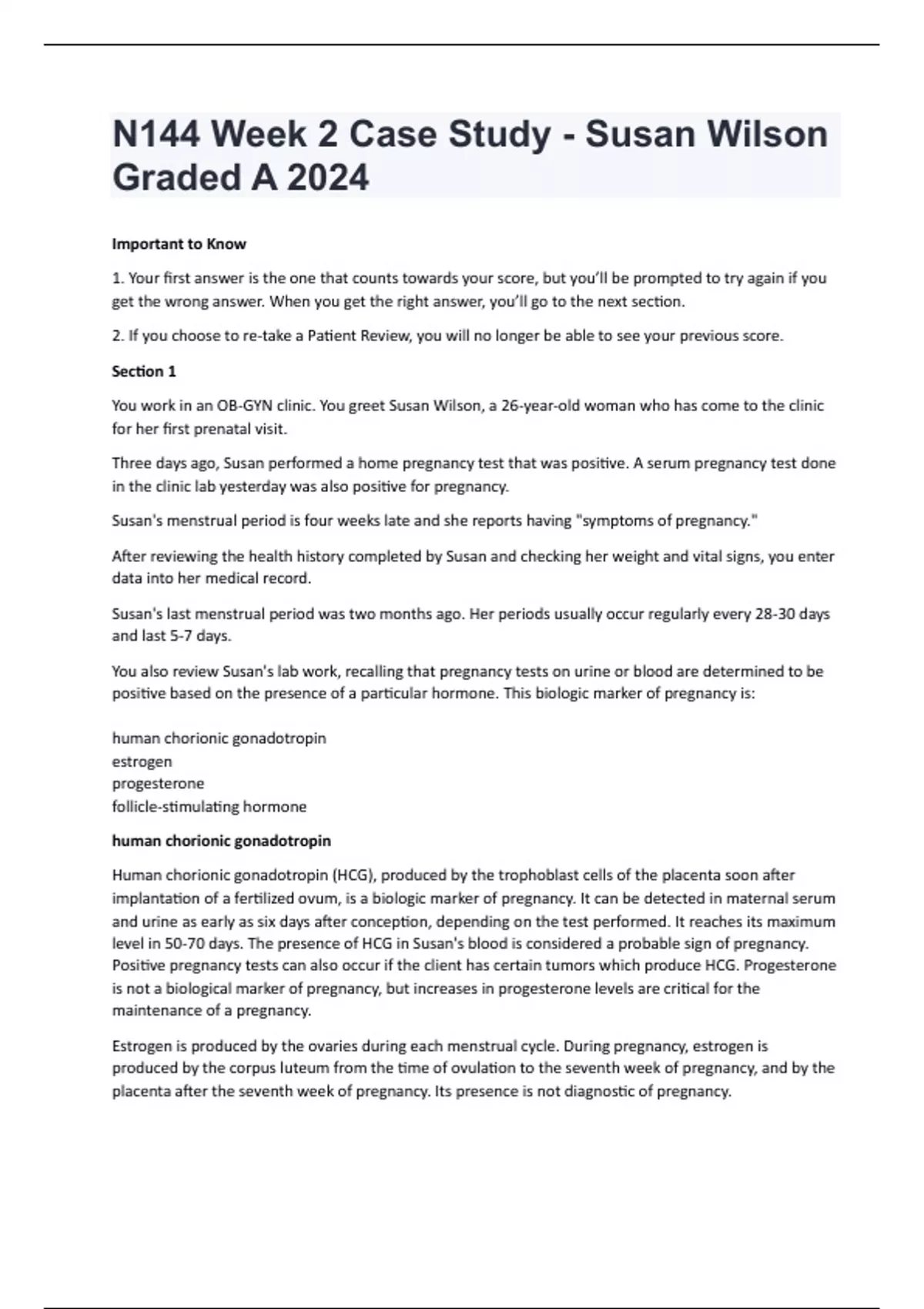 N144 Week 2 Case Study - Susan Wilson Graded A 2024 - N144 - Stuvia US