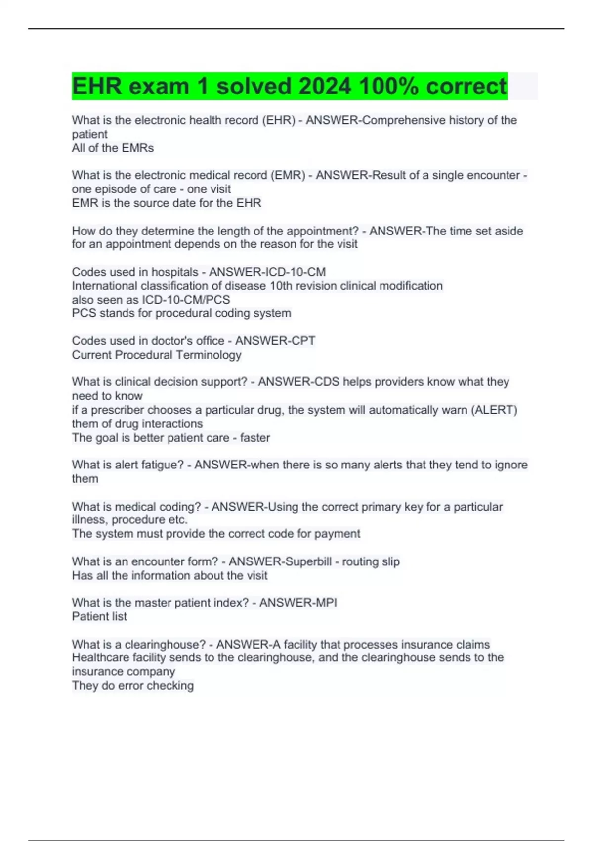 EHR exam 1 solved 2024 100% correct - EHR - Stuvia US