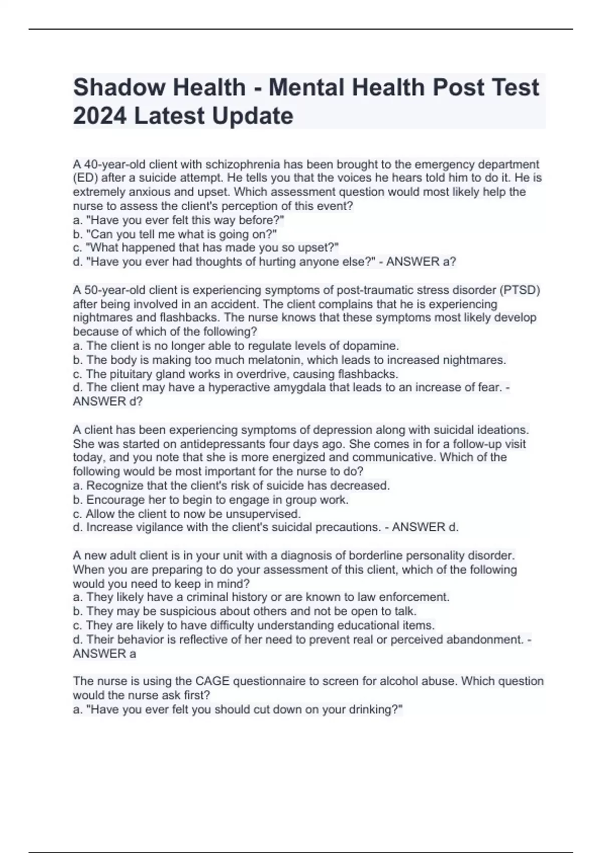 Shadow Health - Mental Health Post Test 2024 Latest Update - Shadow ...