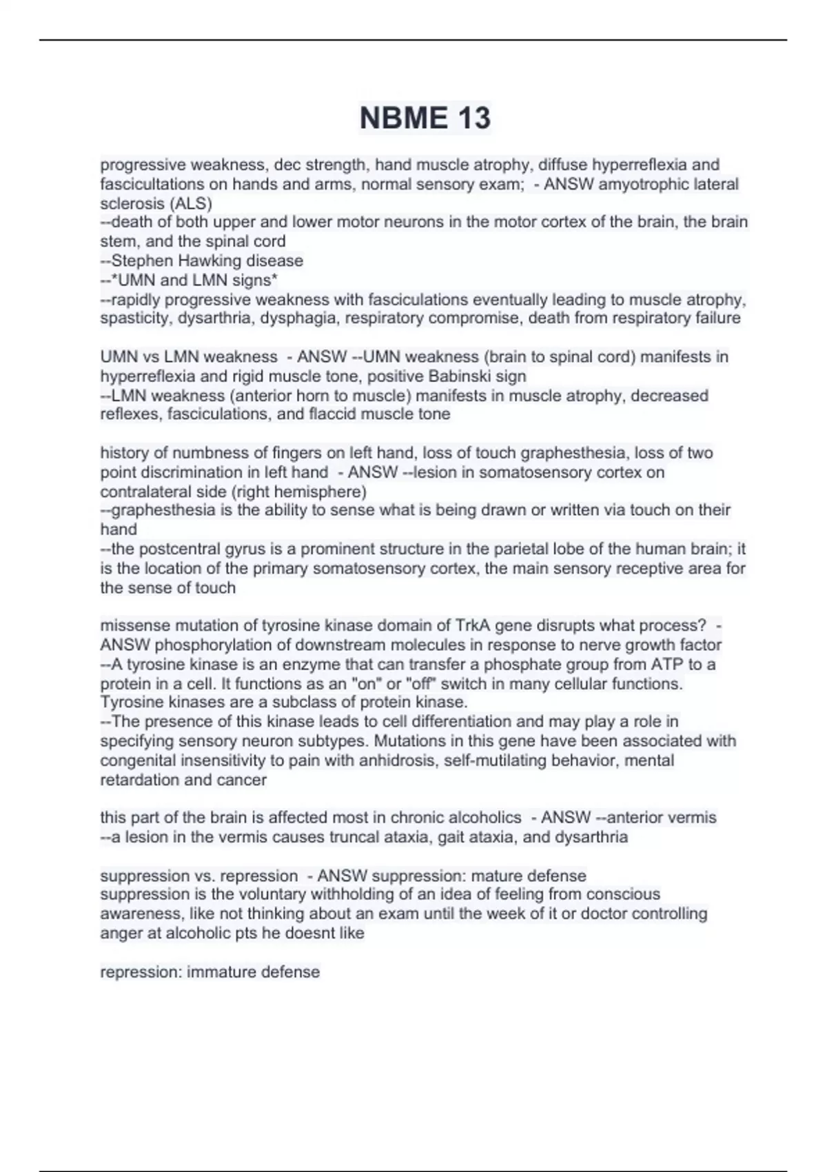 NBME 13 progressive weakness, dec strength, hand muscle atrophy ...